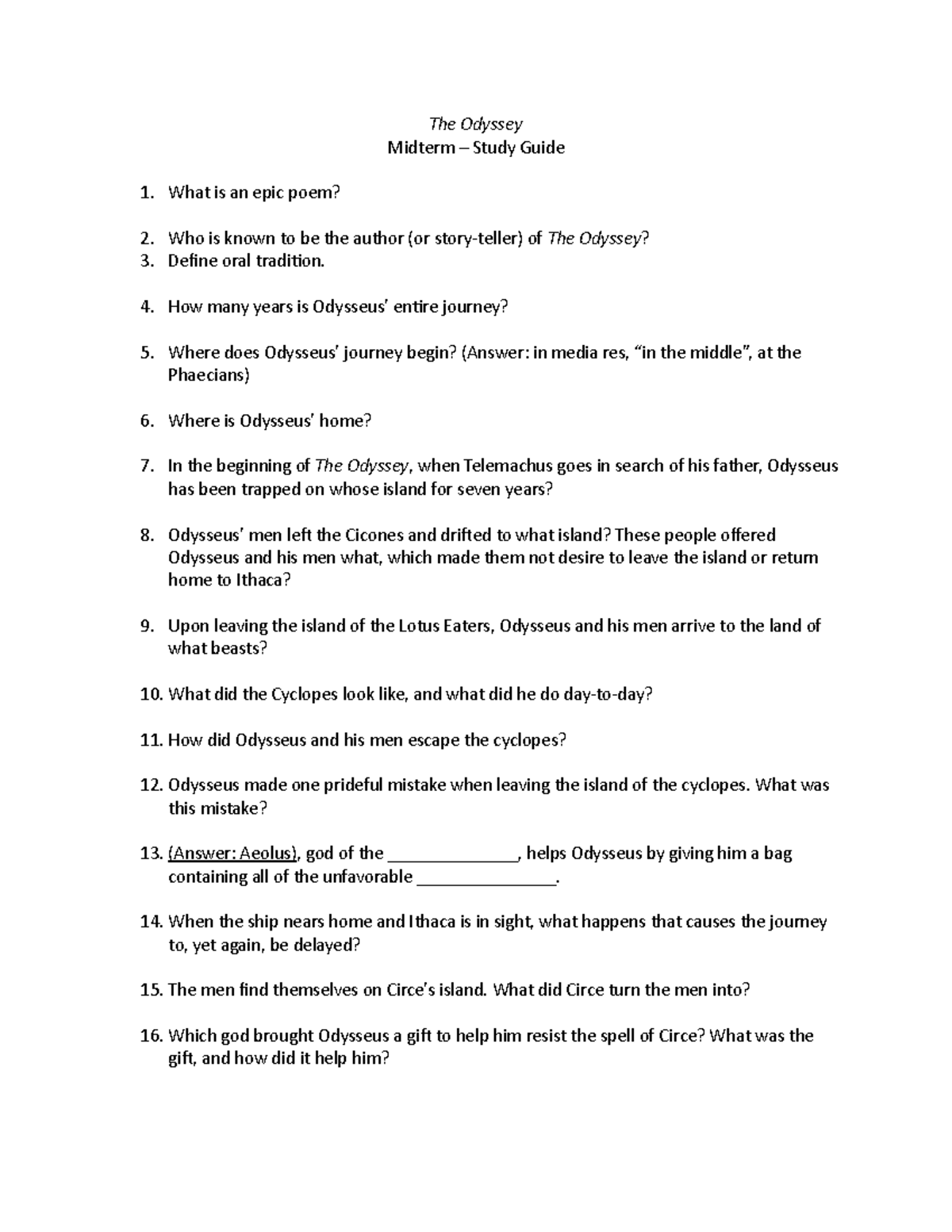 The Odyssey Midterm Study Guide - Midterm – Study GuideThe Odyssey What ...
