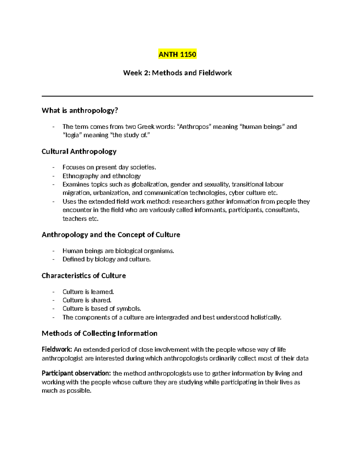 Week 2- Methods and Fieldwork - ANTH 1150 Week 2: Methods and Fieldwork ...