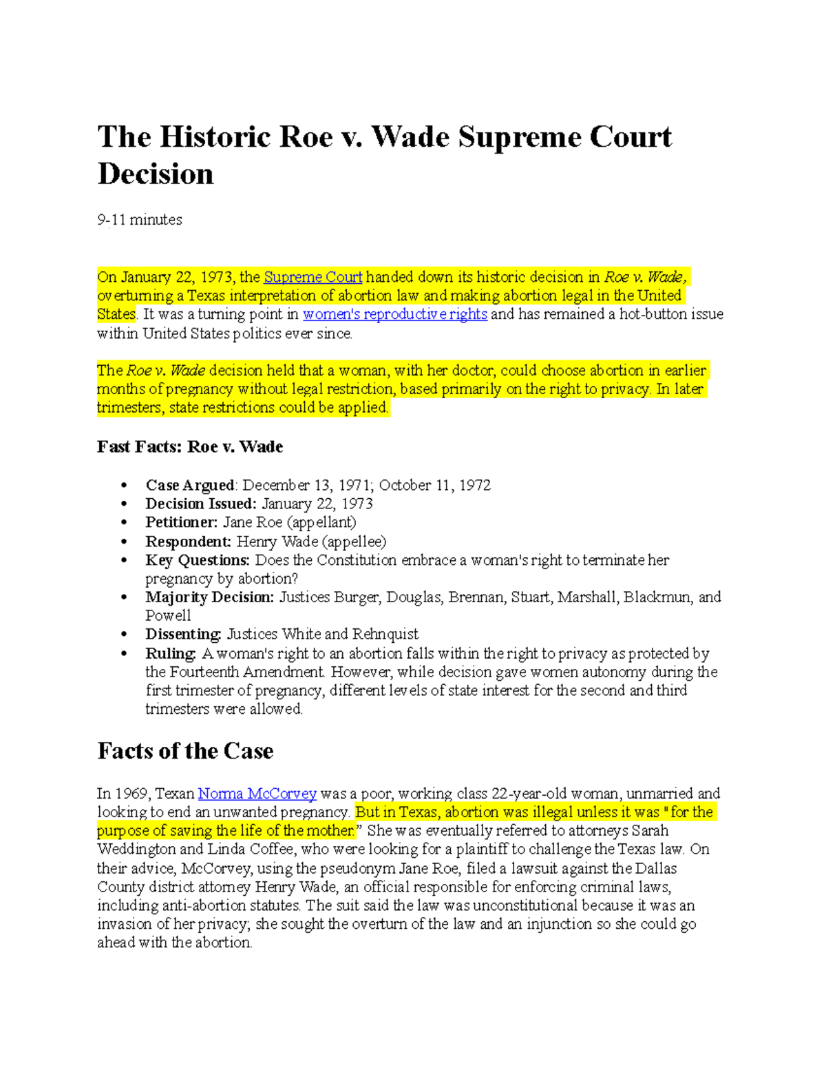 The Historic Roe v. Wade Article - The Historic Roe v. Wade Supreme ...