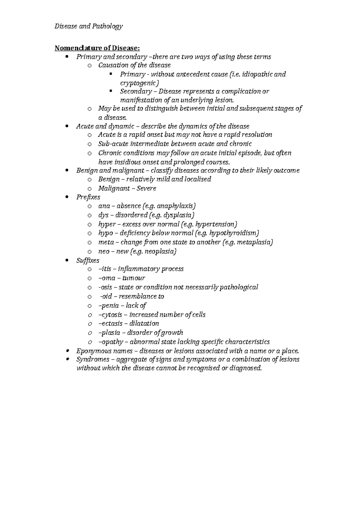 Disease Lecture Notes 2 - Nomenclature of Disease: Primary and ...