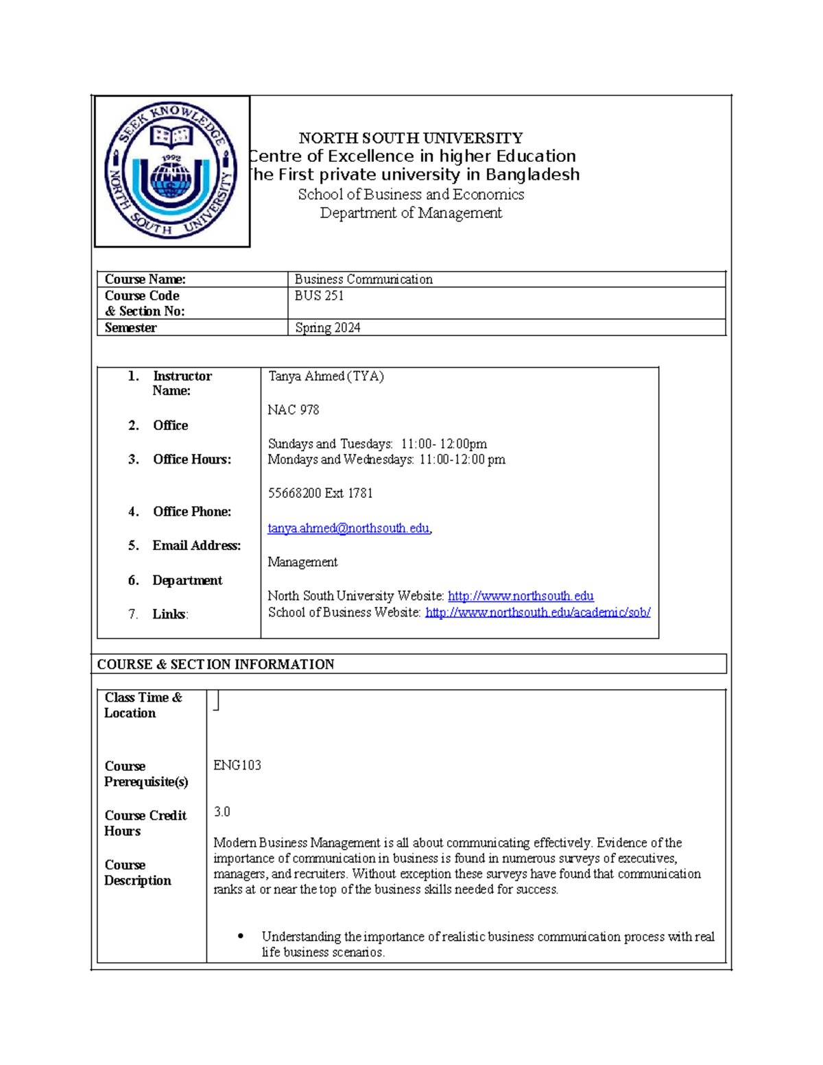 BUS251-course outline-Spring 24 - NORTH SOUTH UNIVERSITY Centre of ...