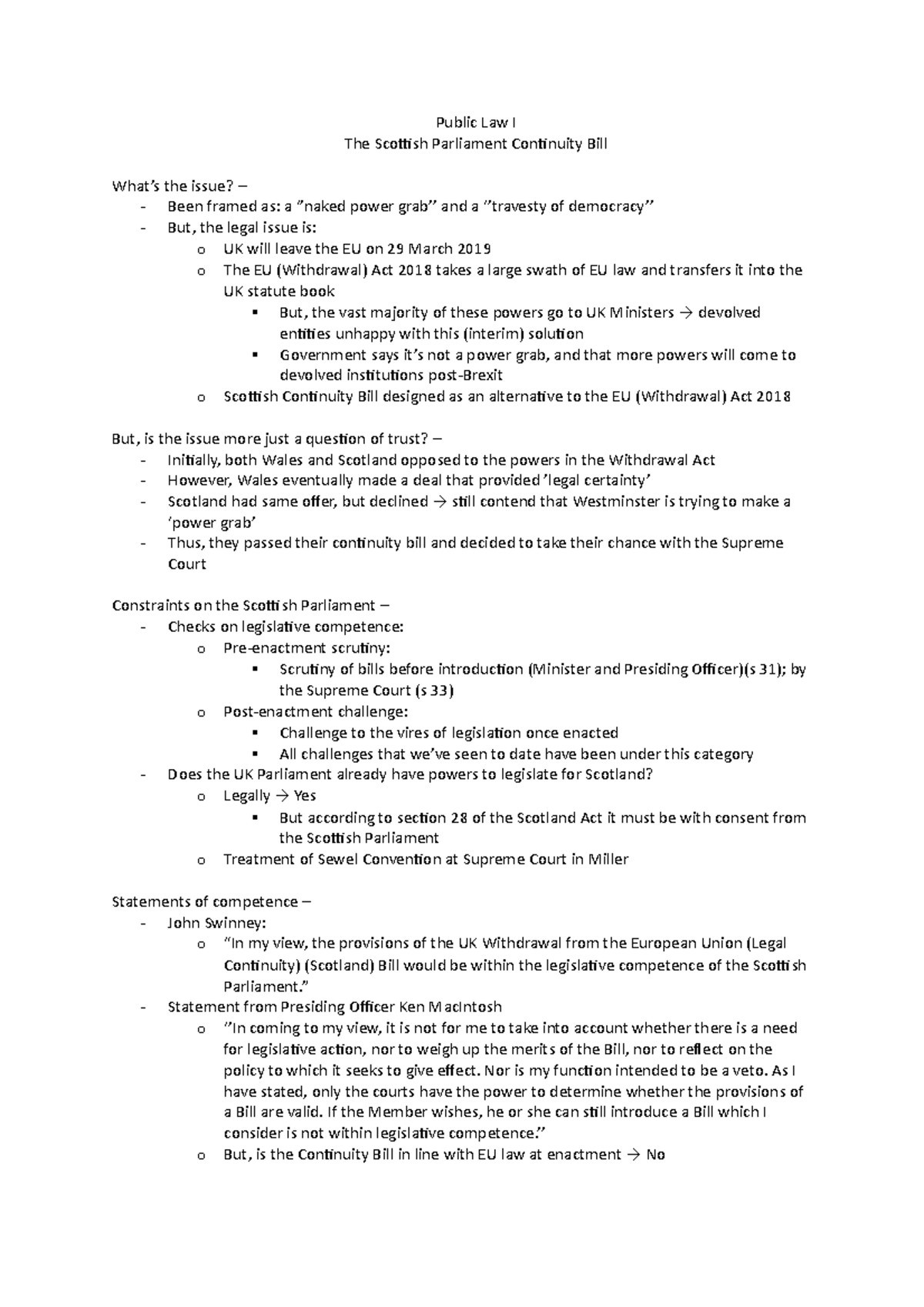 Public Law I 08 Lecture Notes Public Law I The Scottish Parliament Continuity Bill Whats