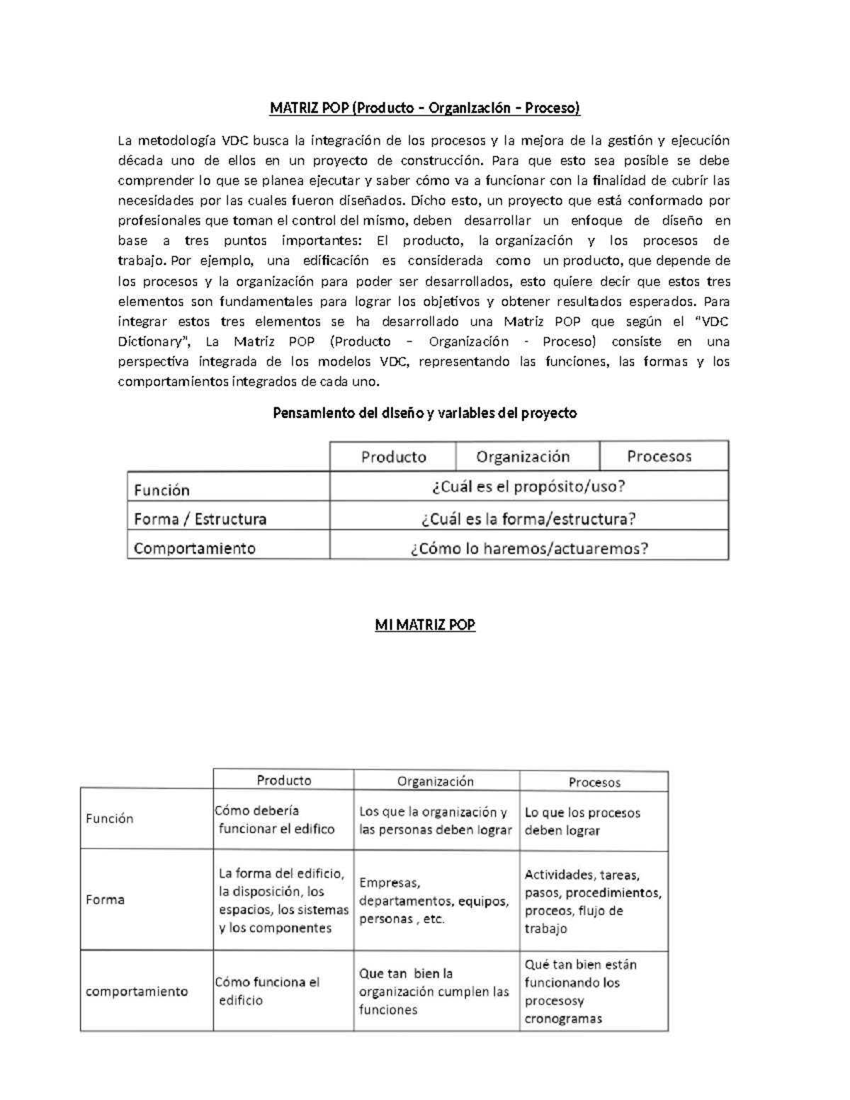 MATRIZ POP (Producto – Organización – Proceso) - Para que esto sea posible se debe comprender lo ...