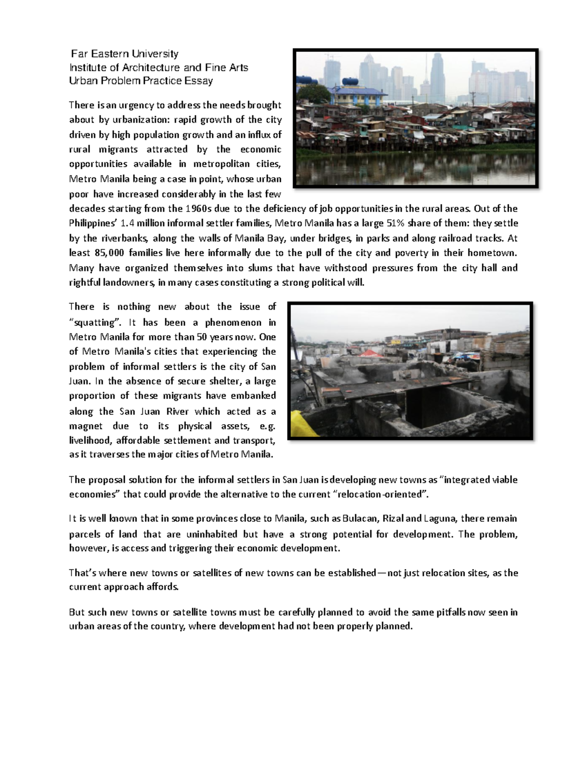 Urban Planning Problem-Informal Settlers - Far Eastern University ...