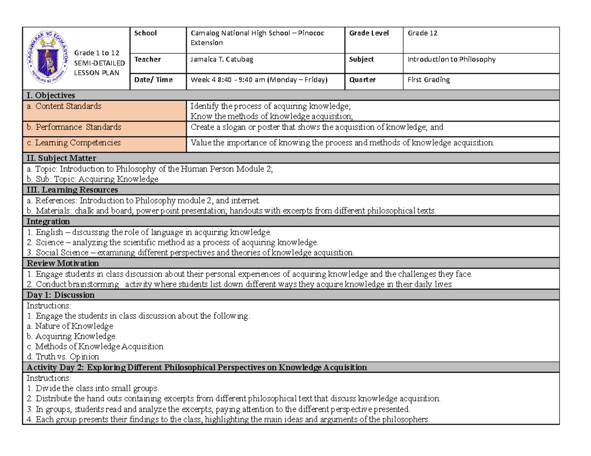 Philosophy Lesson Plan - Grade 1 to 12 SEMI-DETAILED LESSON PLAN School ...
