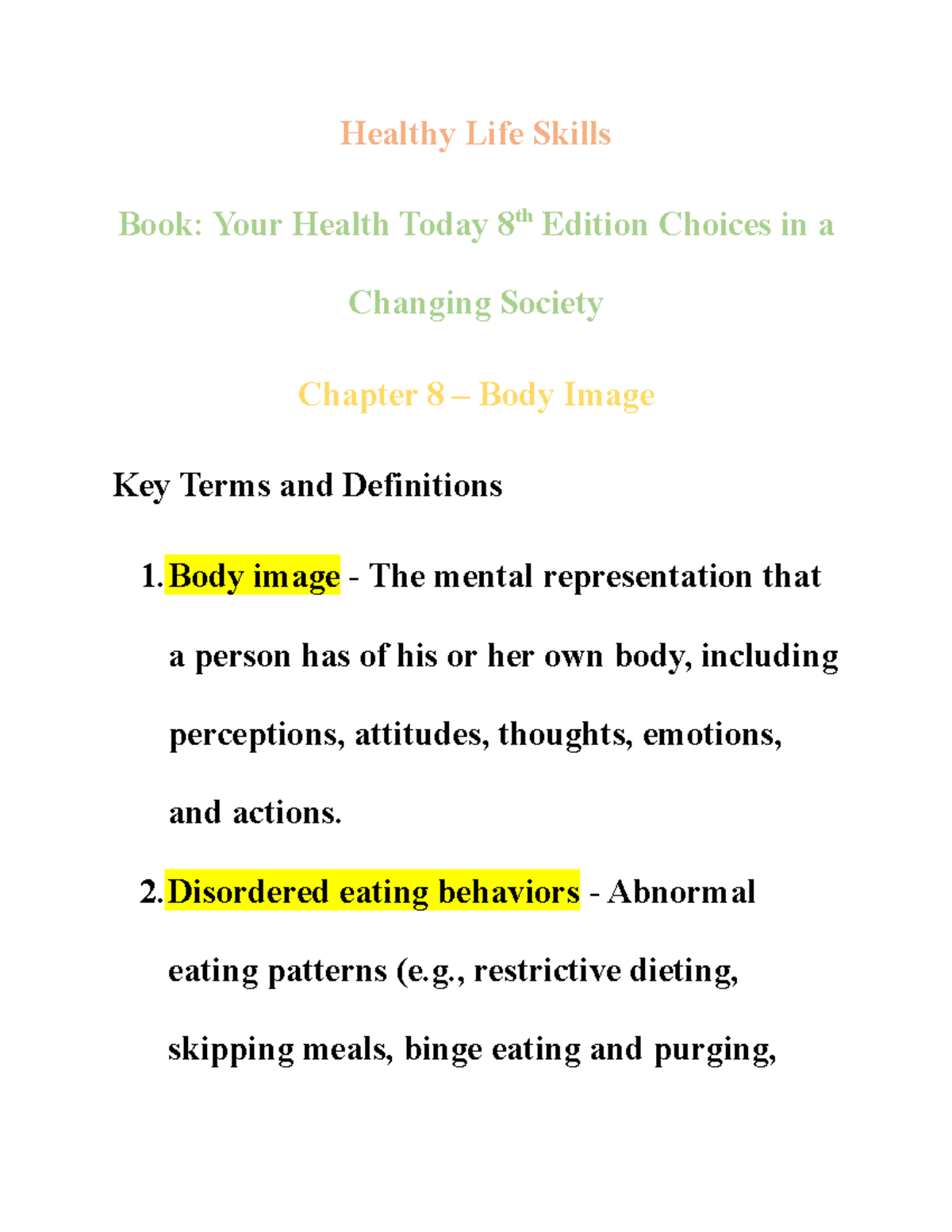 University Healthy Life Skills Chapter 8 Body Image Key Terms and ...
