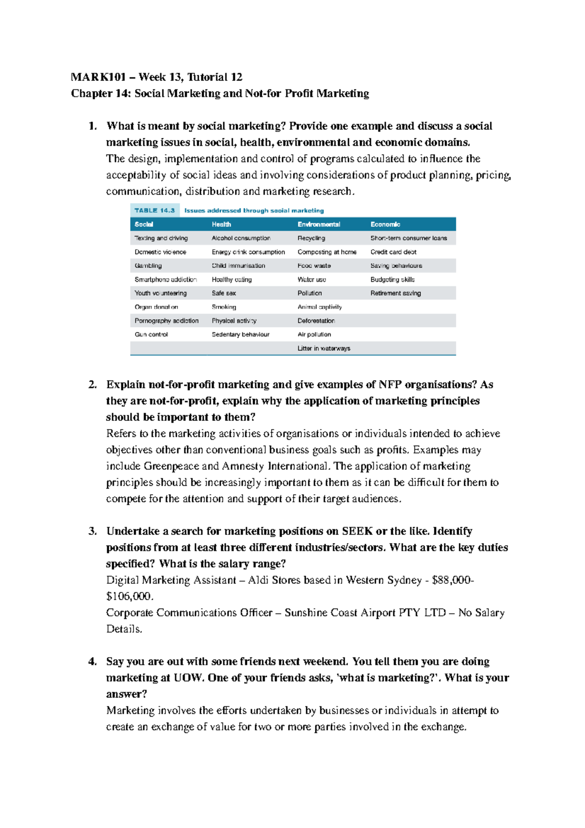MARK101 W13 TT11 - MARK101 – Week 13, Tutorial 12 Chapter 14: Social ...