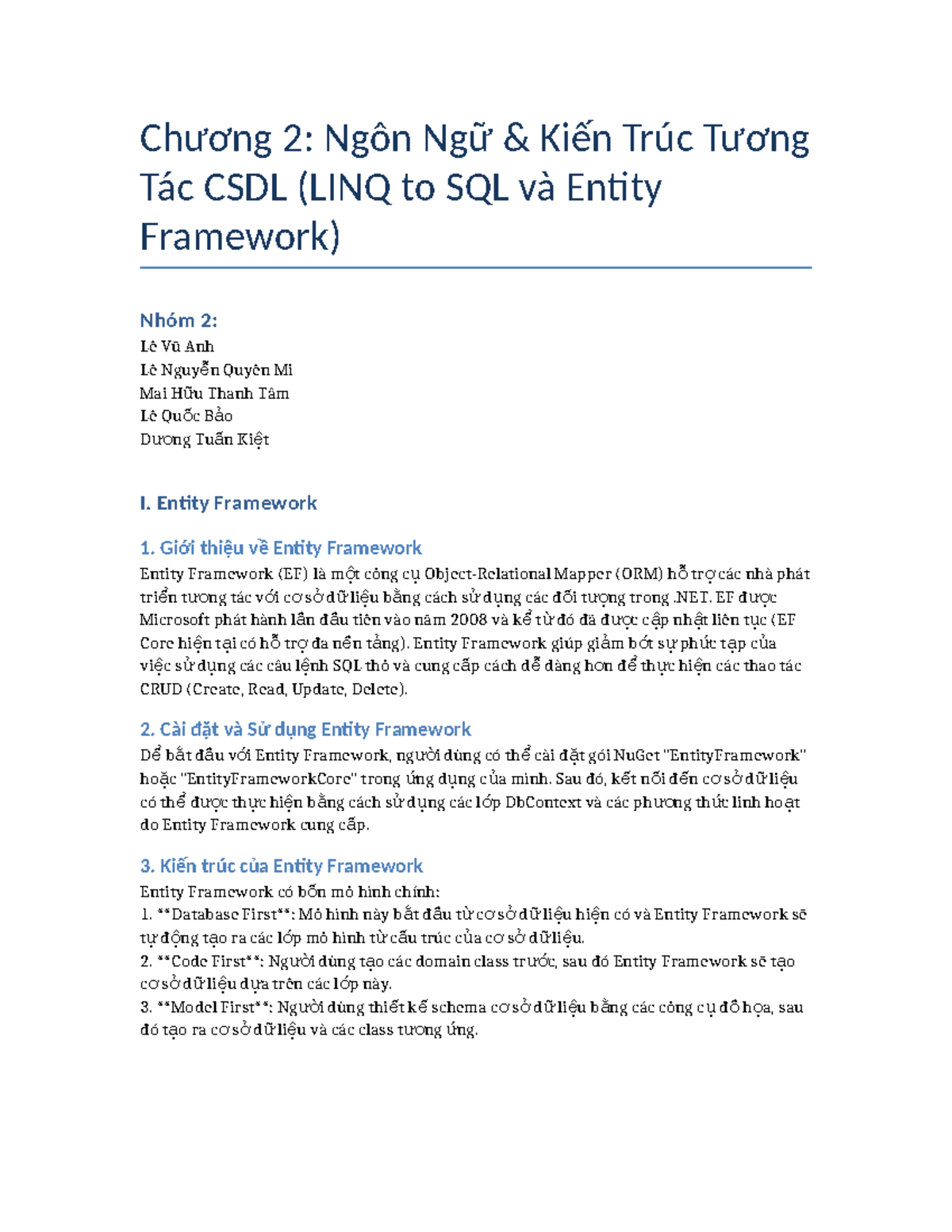 Chuong 2 LINQ Entity Framework - Chương 2: Ngôn Ngữ & Kiến Trúc Tương Tác CSDL (LINQ to SQL và ...