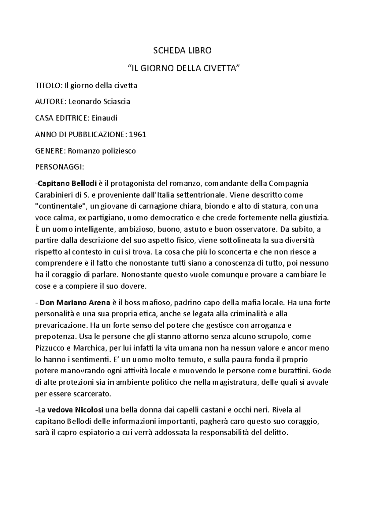 Scheda Libro sciascia - SCHEDA LIBRO “IL GIORNO DELLA CIVETTA” TITOLO ...