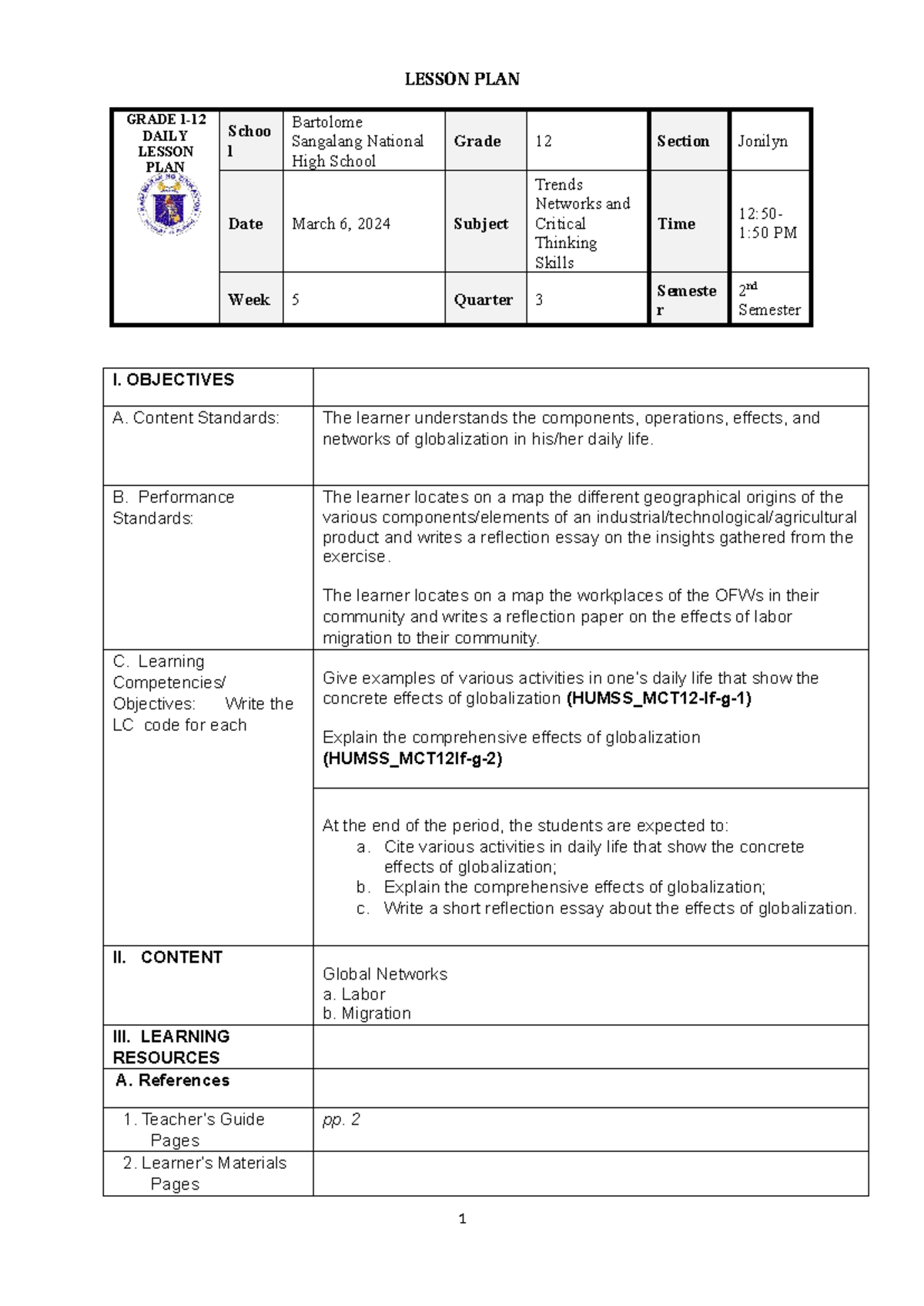 DLP-COT3- Trends - DLP - LESSON PLAN GRADE 1- DAILY LESSON PLAN Schoo l Bartolome Sangalang ...
