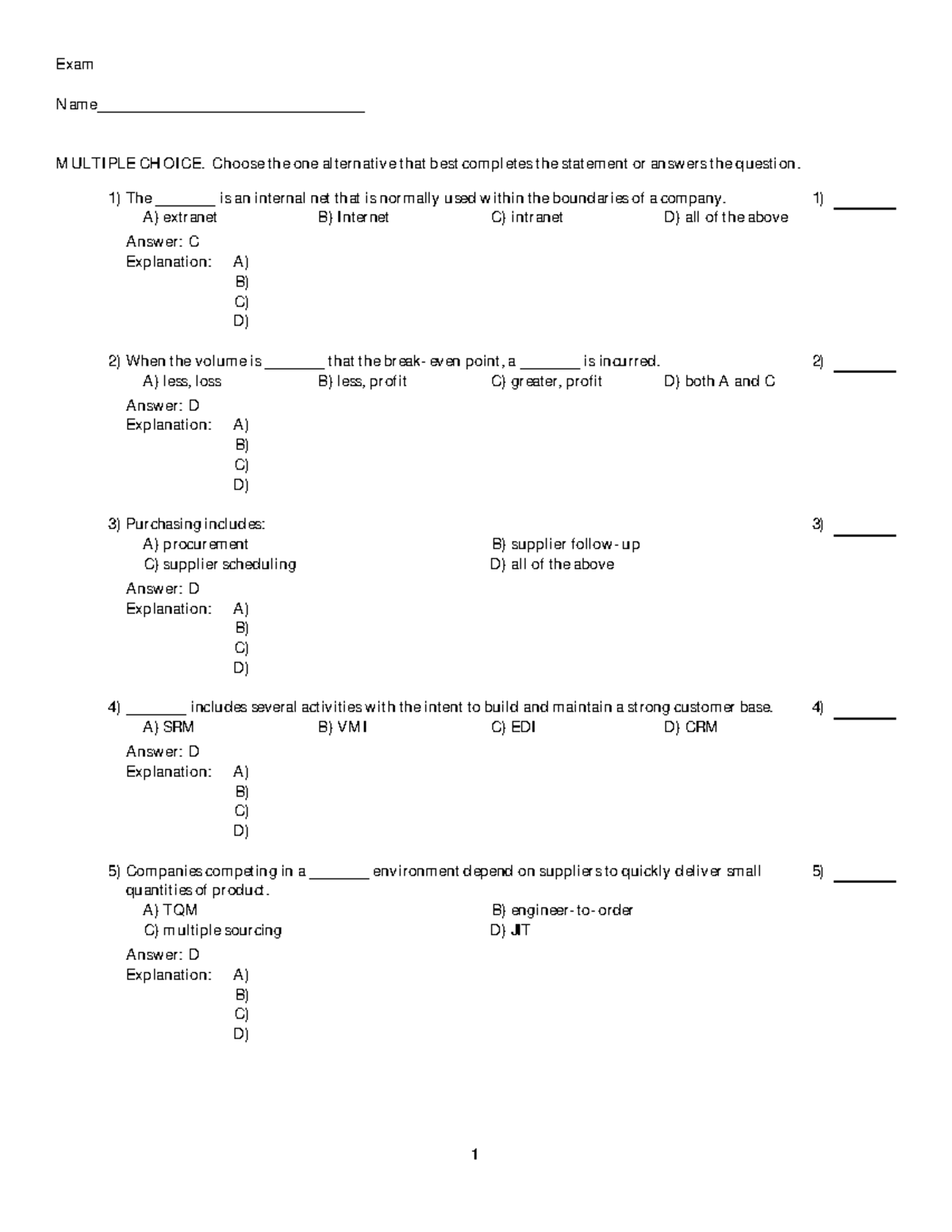 Test Bank Introduction to Materials Management 6th ed - Exam Name