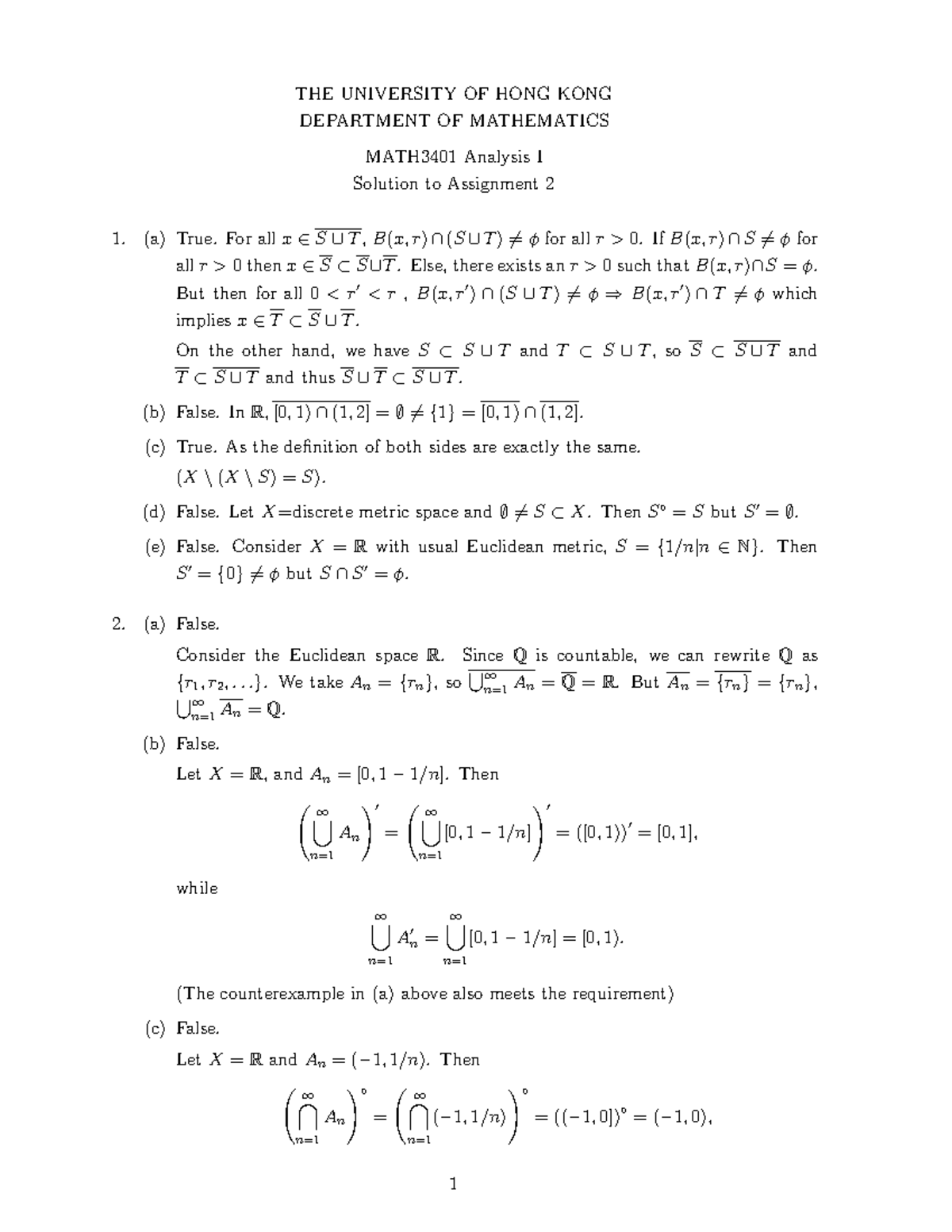 Assignment 2 Solution - THE UNIVERSITY OF HONG KONG DEPARTMENT OF MATHEMATICS MATH3401 Analysis ...
