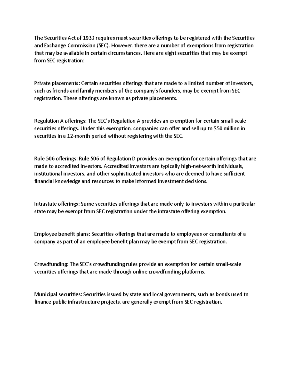 Identify some of the securities that are exempt from registration with ...