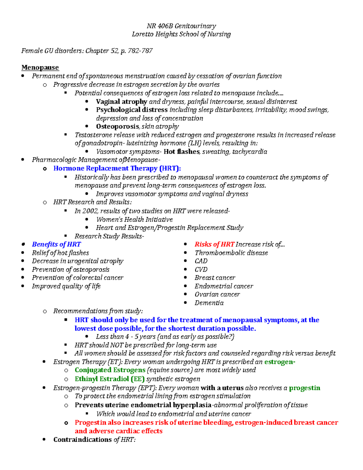 Genitourinary Notes - Missy pharm 2 exam content - NR 406B ...