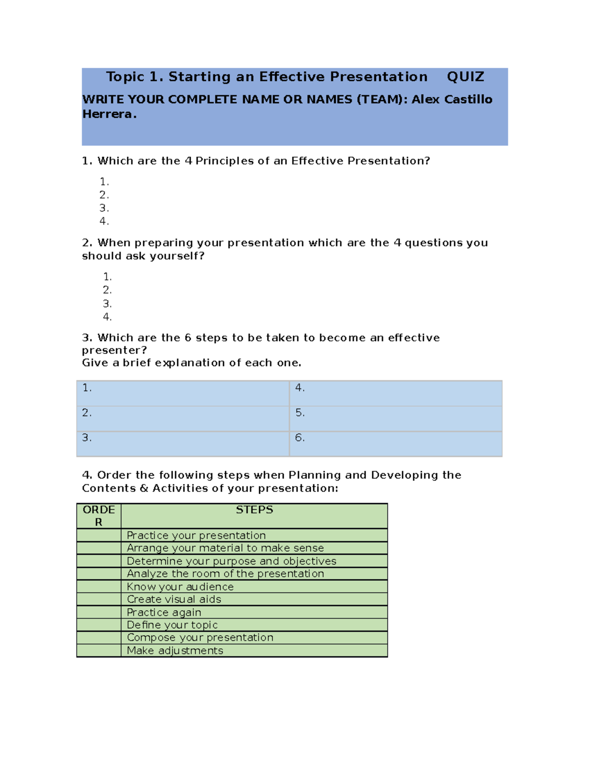 Effective presentations workshop quiz - Topic 1. Starting an Effective ...