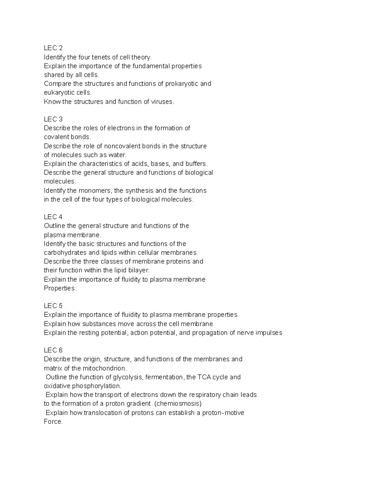 BMSC 220 Learning Objectives - LEC 2 Identify the four tenets of cell ...