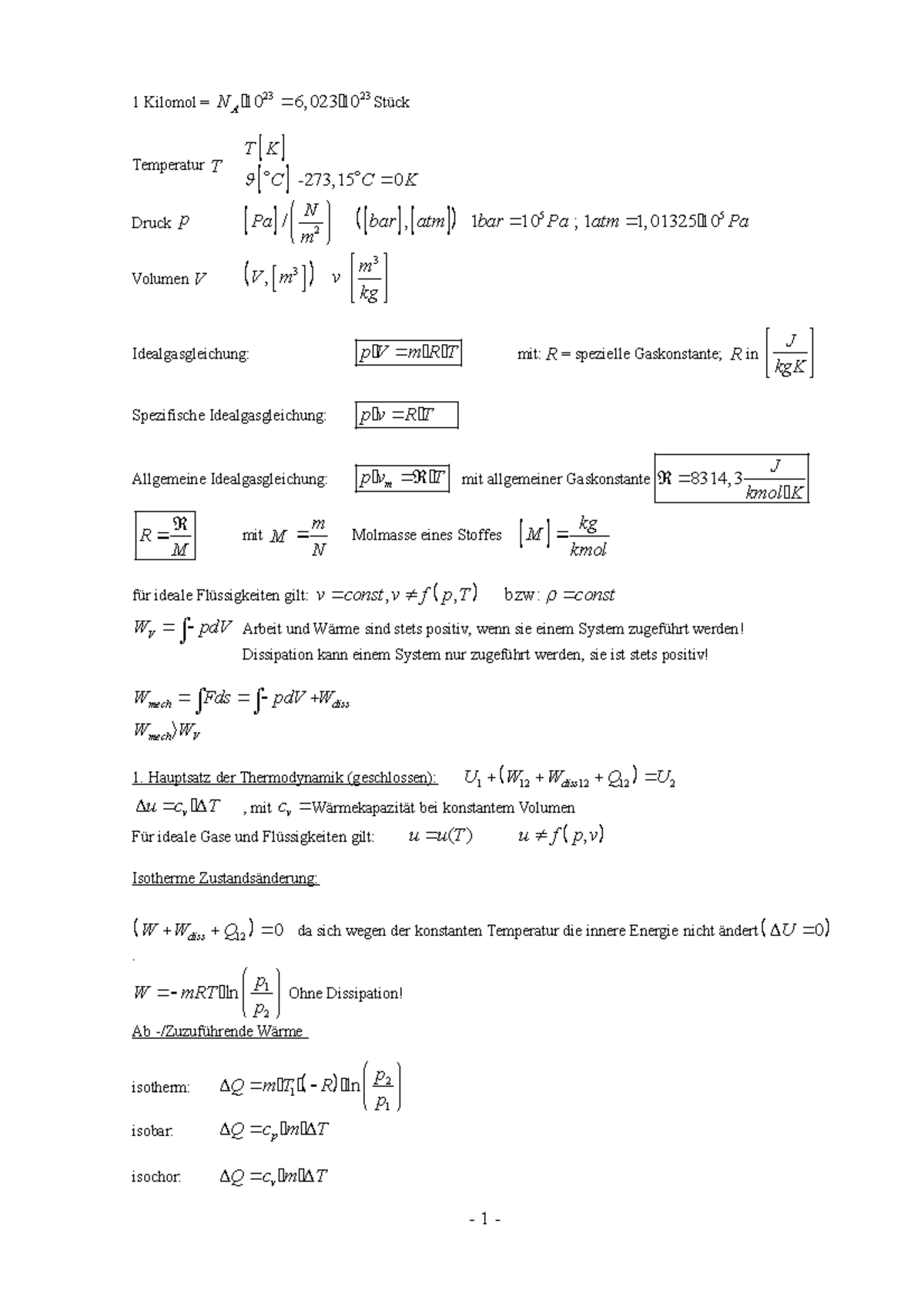 Thermodynamik 2 - Formelsammlung - B - 1 Kilomol = Temperatur N A 1023 ...