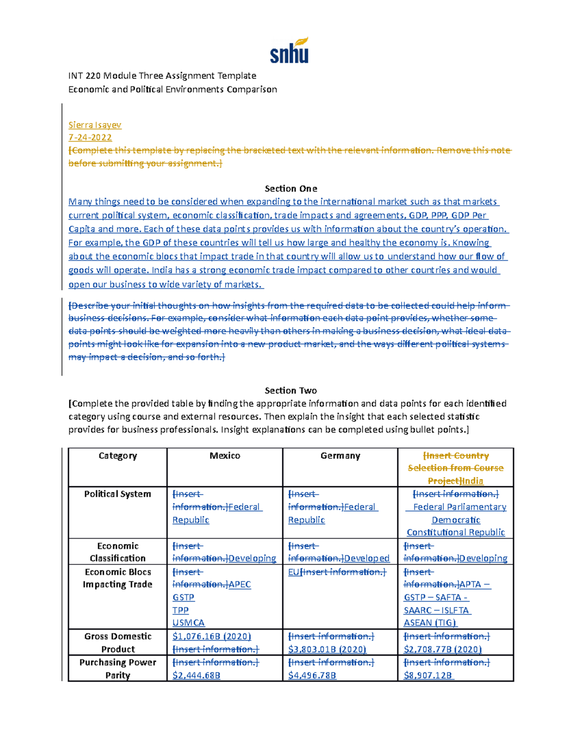 Module Three Economic and Political Environments Comparison Sierra Isayev - INT 220 Module Three ...