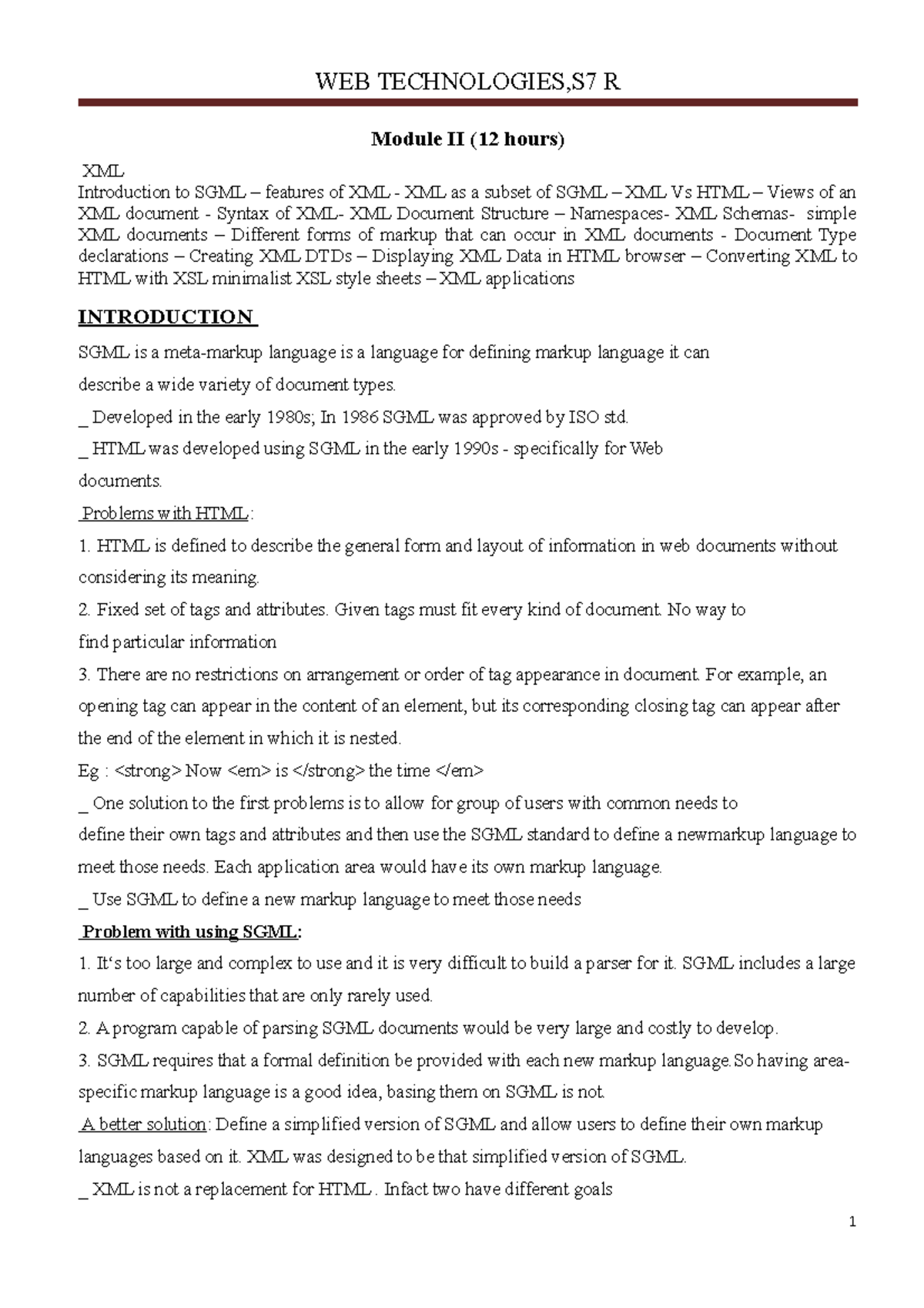 Module 2 notes wt - Module II (12 hours) XML Introduction to SGML ...