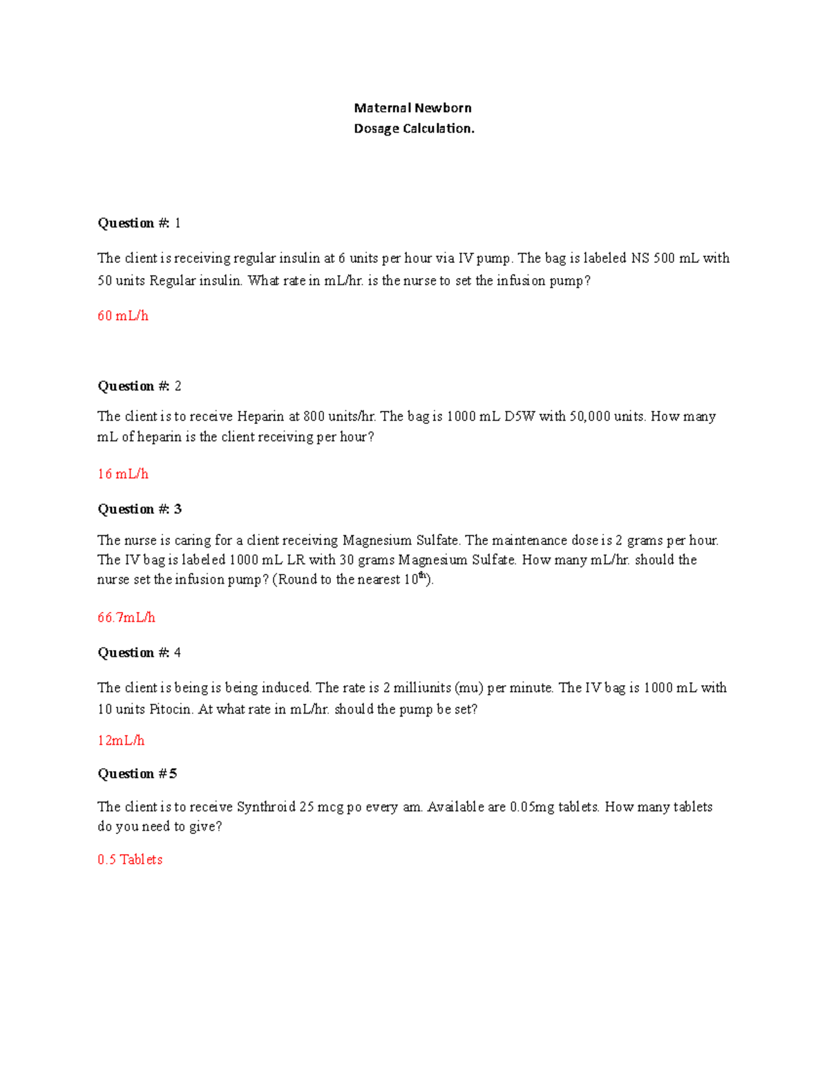 Obstetrics Dosage Calculation Test 2 Sub OB 2 Maternal Newborn 