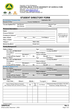 Registration FORM Cbsua-PILI SY 2024-2025 - H E A D Q U A R T E R S DEPARTMENT OF MILITARY ...