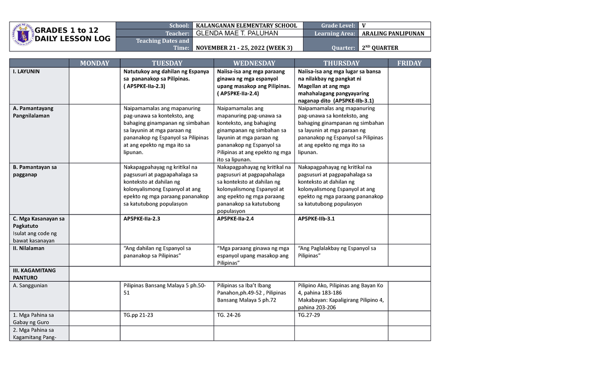 DLL Araling Panlipunan 5 Q2 W3 - GRADES 1 to 12 DAILY LESSON LOG School: KALANGANAN ELEMENTARY ...