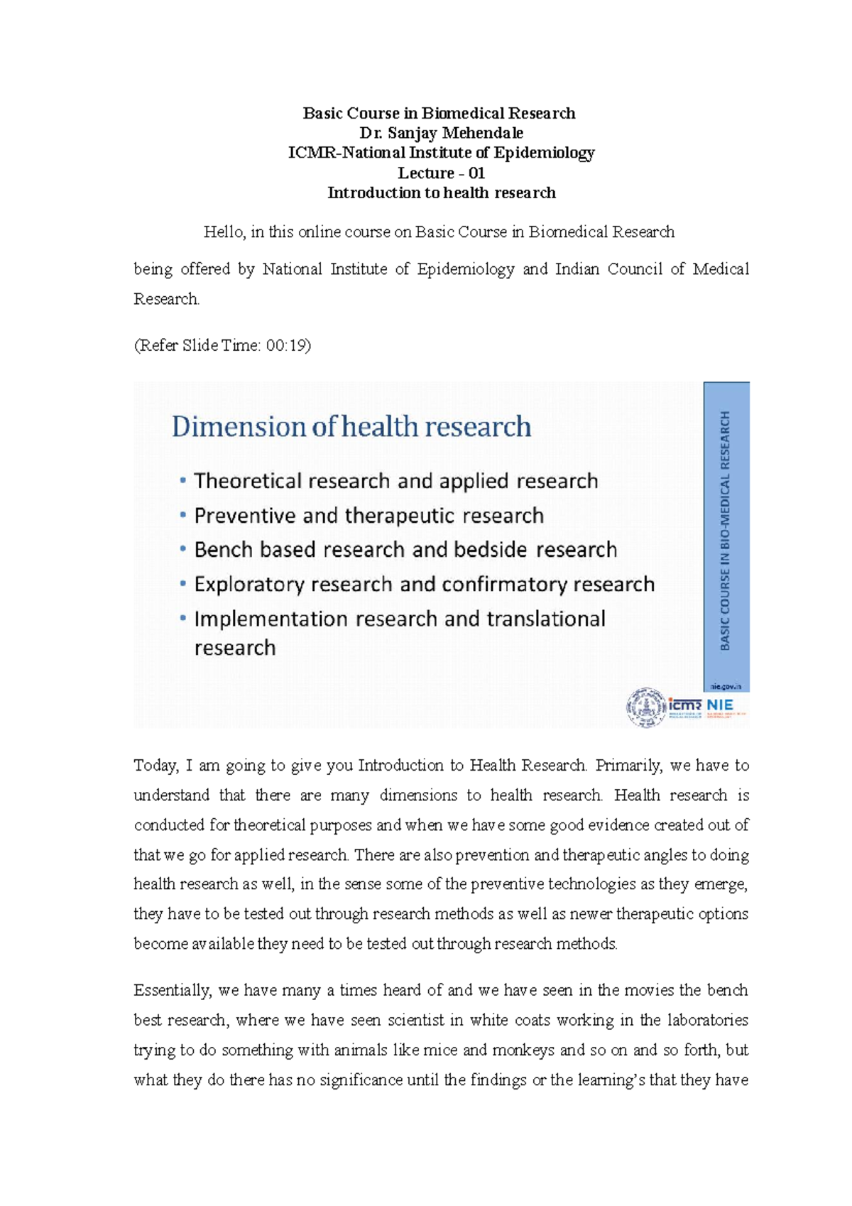 Lec-01 Introduction to health research - Basic Course in Biomedical ...