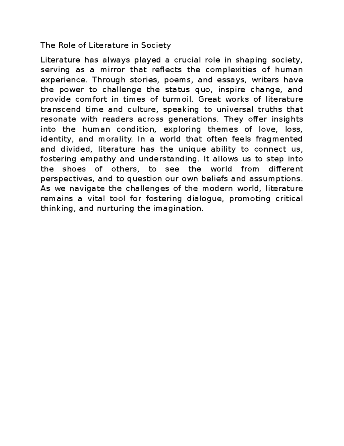 The Role of Literature in Society - The Role of Literature in Society ...