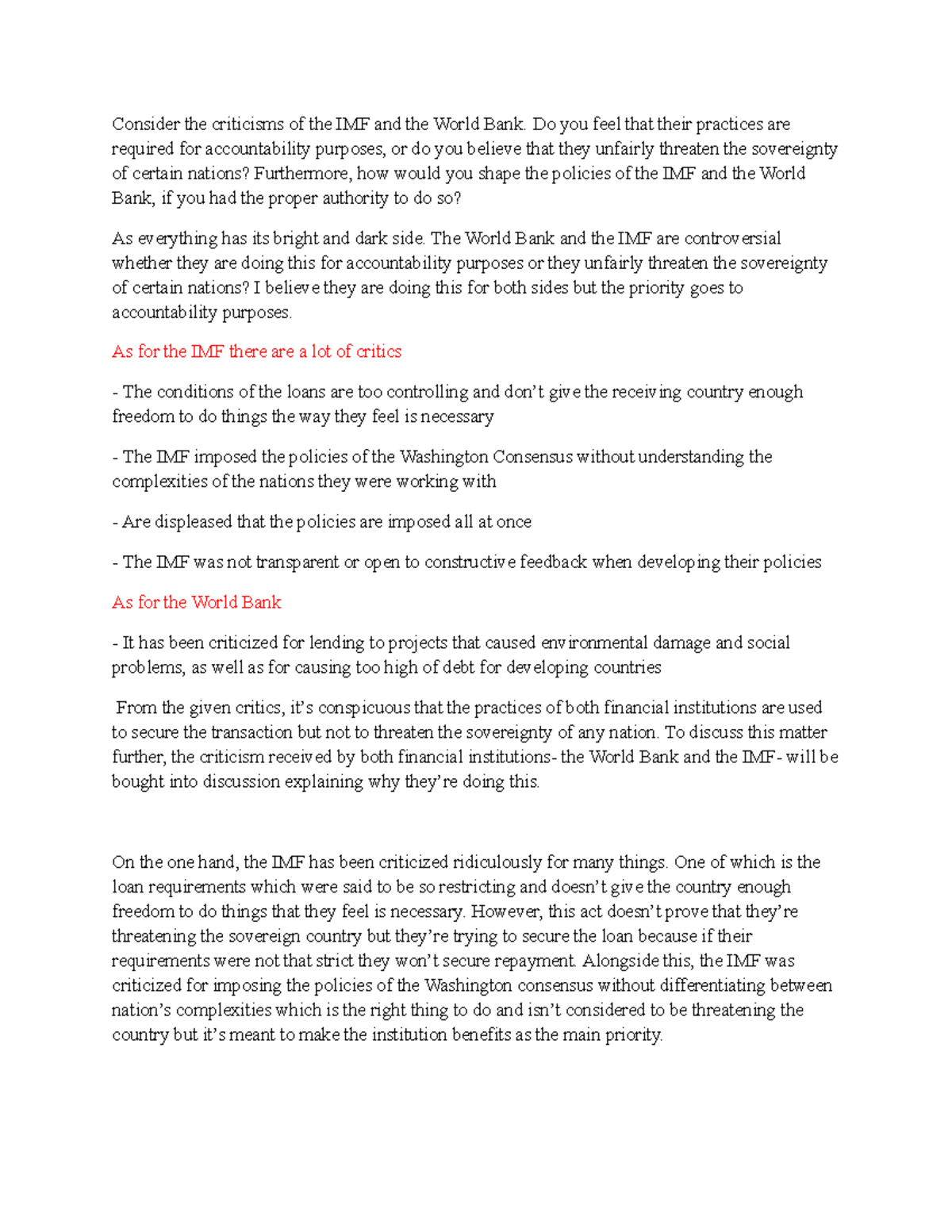 Learning journal unit 2 - Consider the criticisms of the IMF and the ...