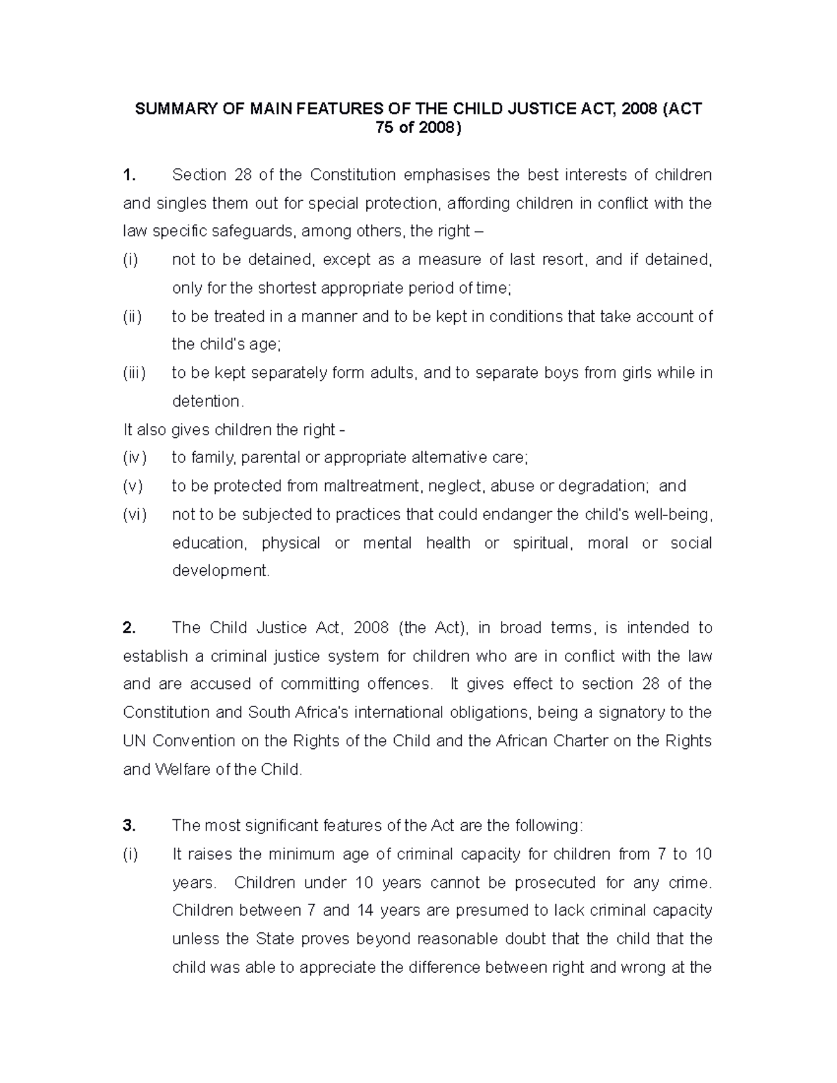 091118 summary - SUMMARY OF MAIN FEATURES OF THE CHILD JUSTICE ACT ...
