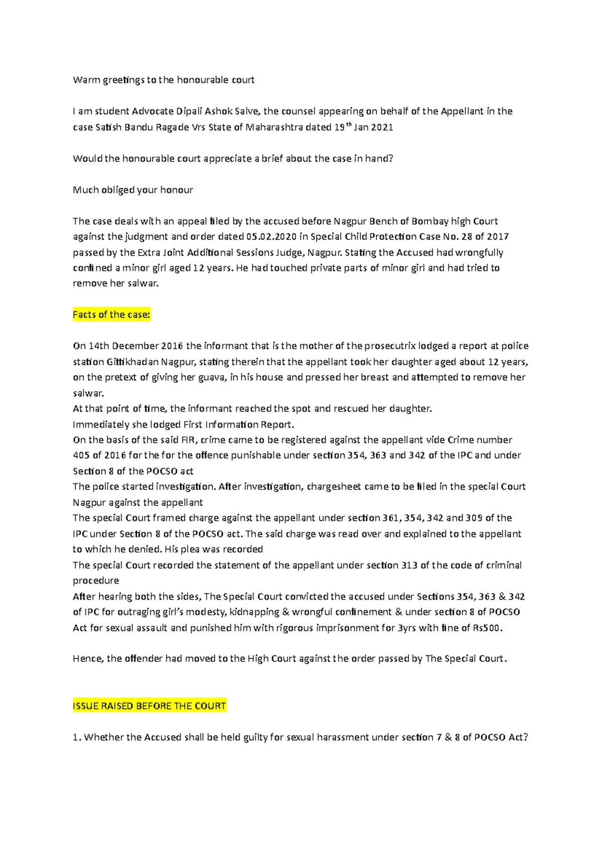 Moot Court 1 10 - Warm gree琀椀ngs to the honourable court I am student ...