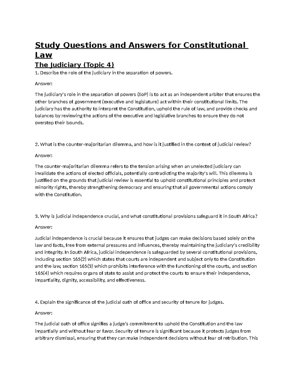 Study Questions and Answers for Constitutional Law - Study Questions ...