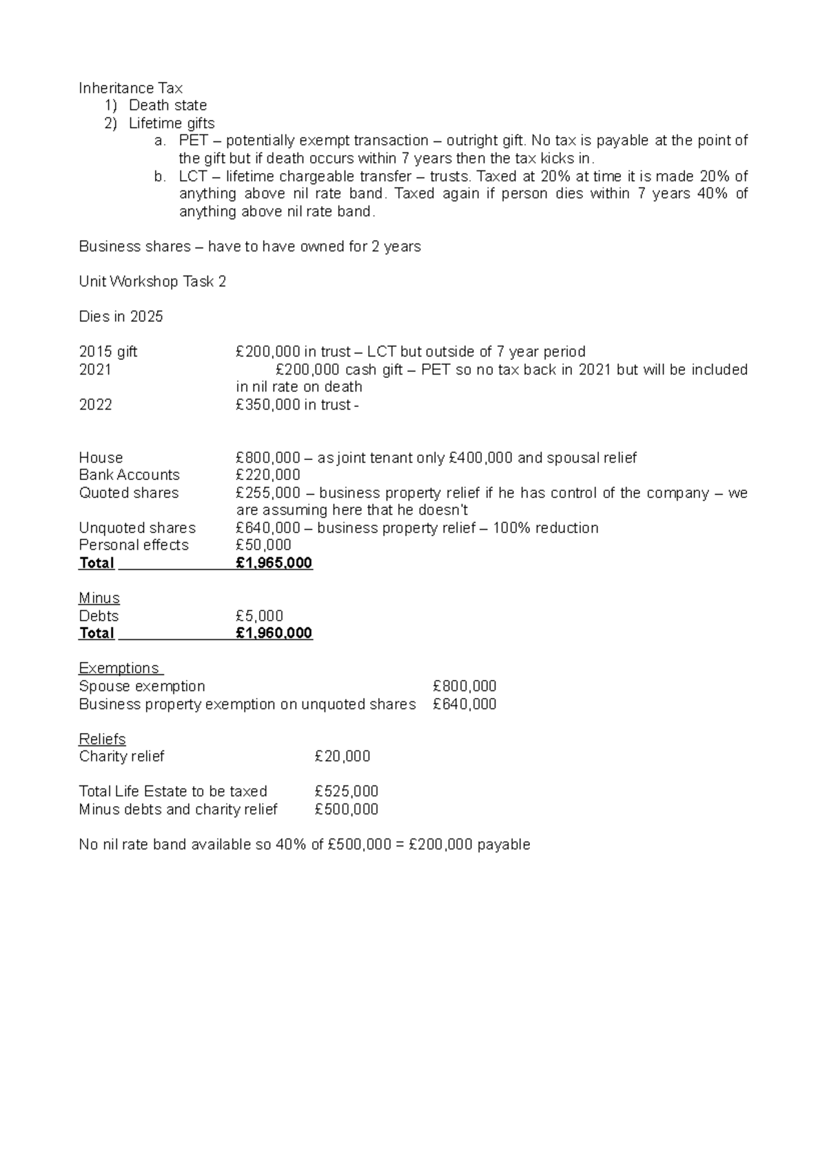 Inheritance Tax Workshop - Studocu