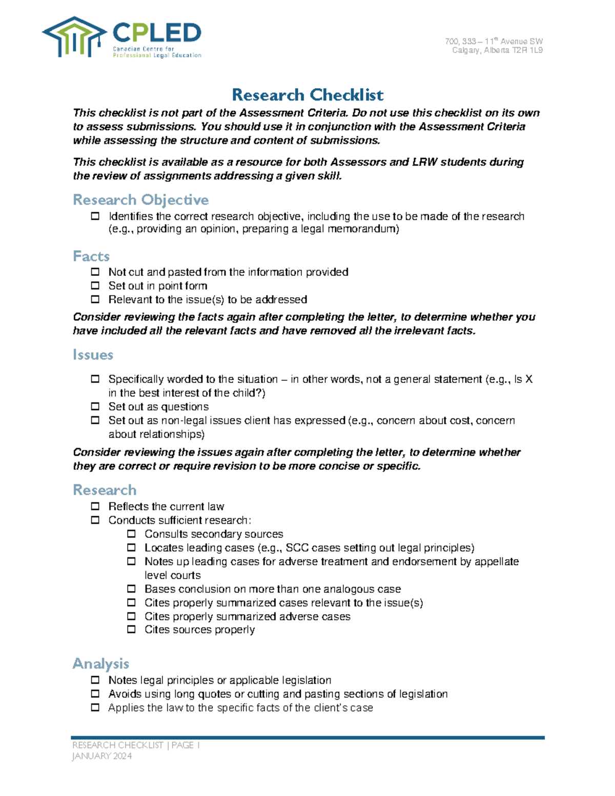 LRW - Research Checklist - 700, 333 – 11 th Avenue SW Calgary, Alberta ...