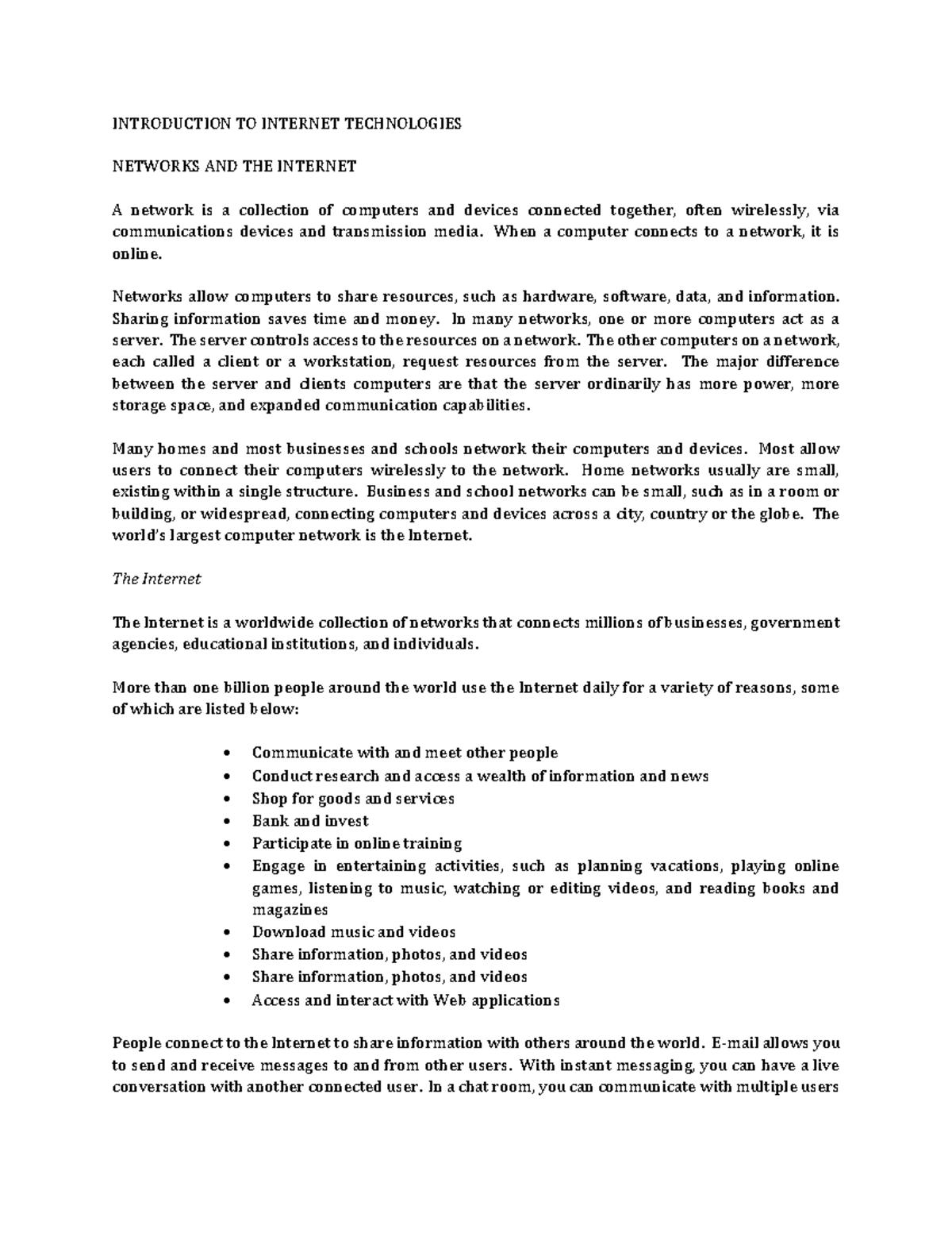 Introduction to Internet Technologies - INTRODUCTION TO INTERNET ...