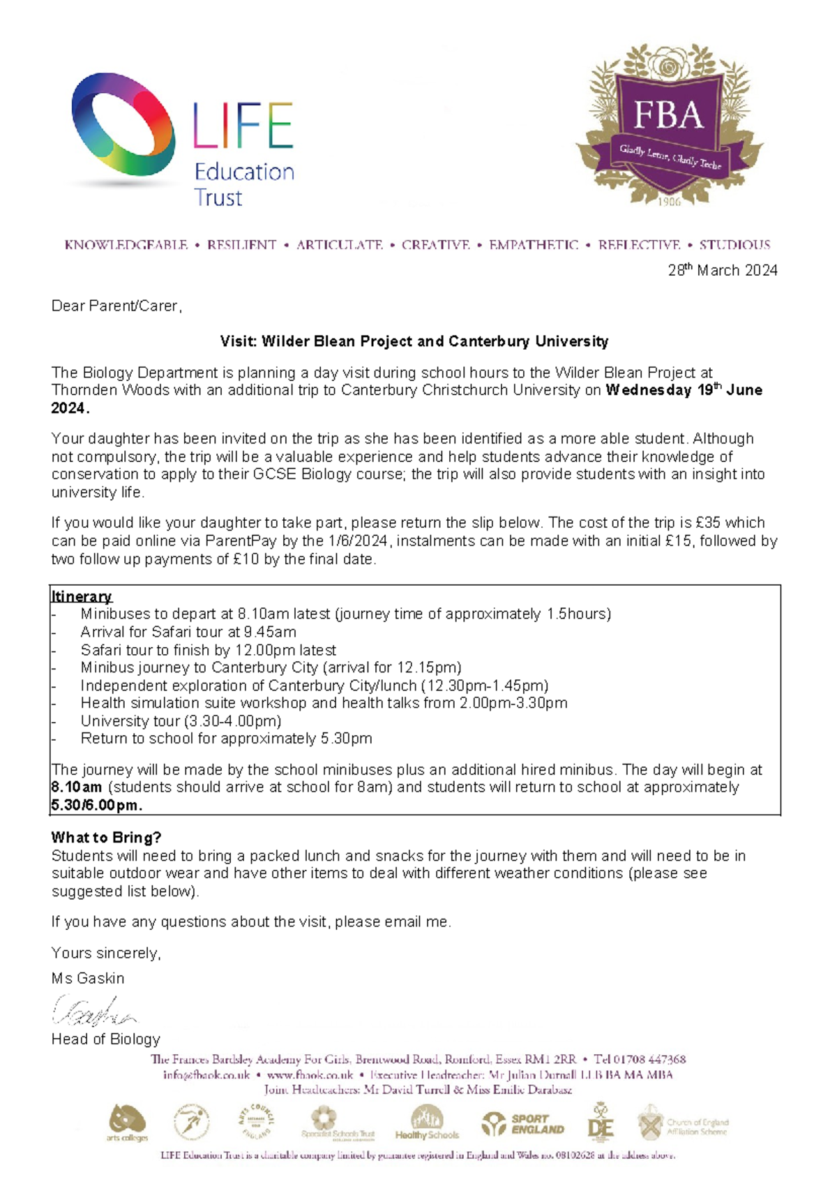 Yr 12 Biology Trip 2024 - Mable letter - 28 th March 2024 Dear Parent ...