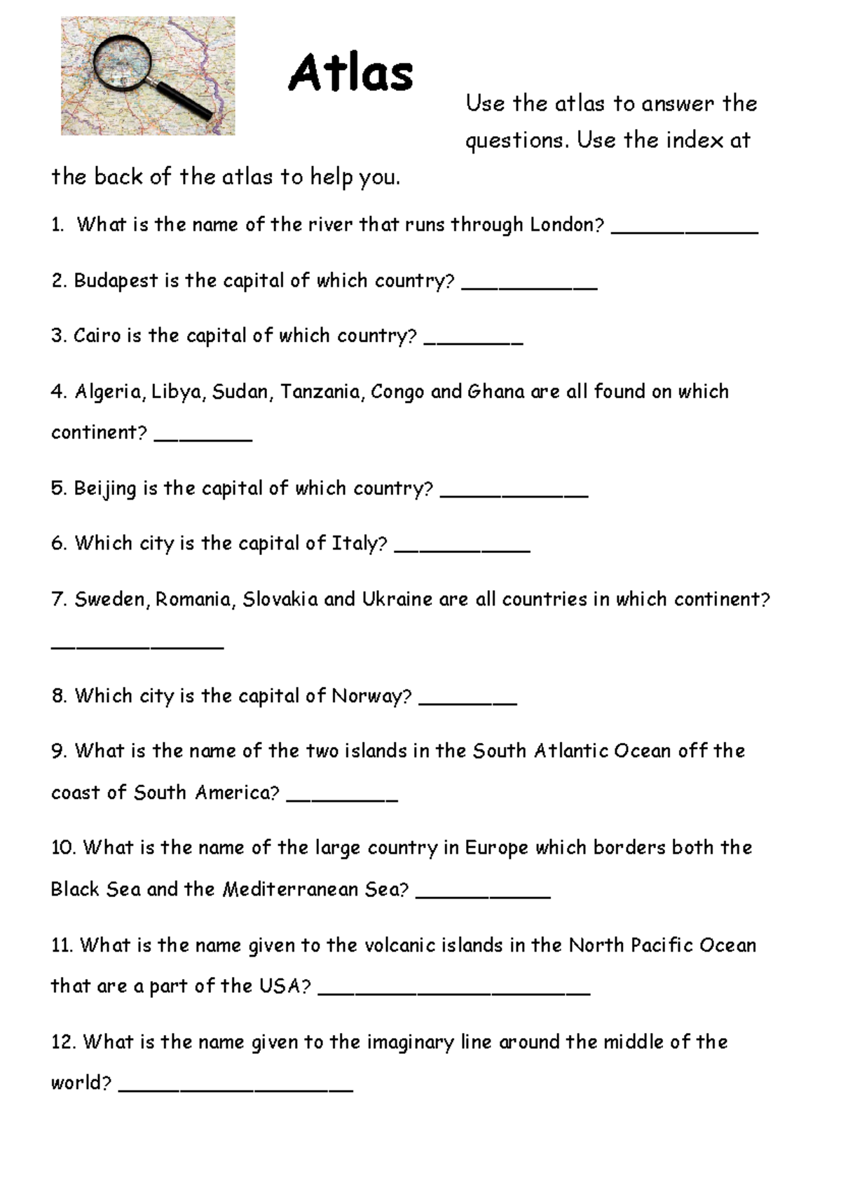 Atlas Hunt Activity - Use the atlas to answer the questions. Use the ...