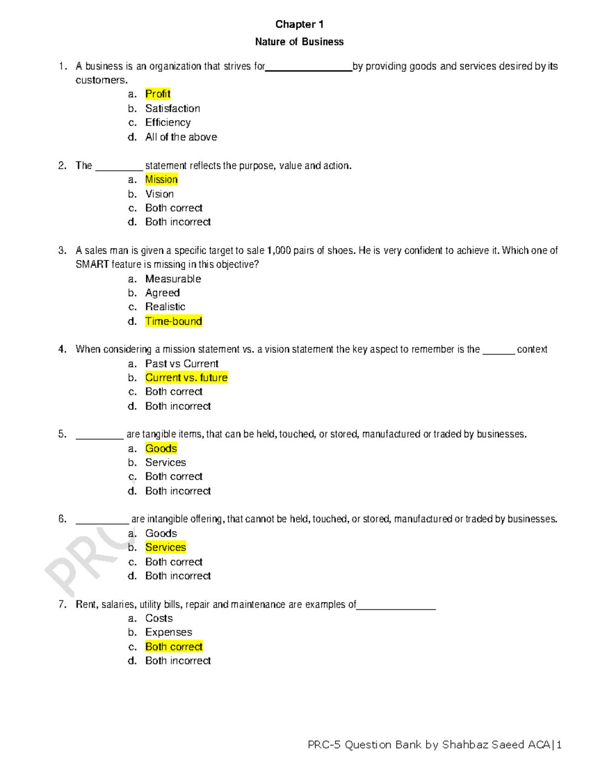 PRC-5 Question Bank Solved - Chapter 1 Nature of Business A business is ...
