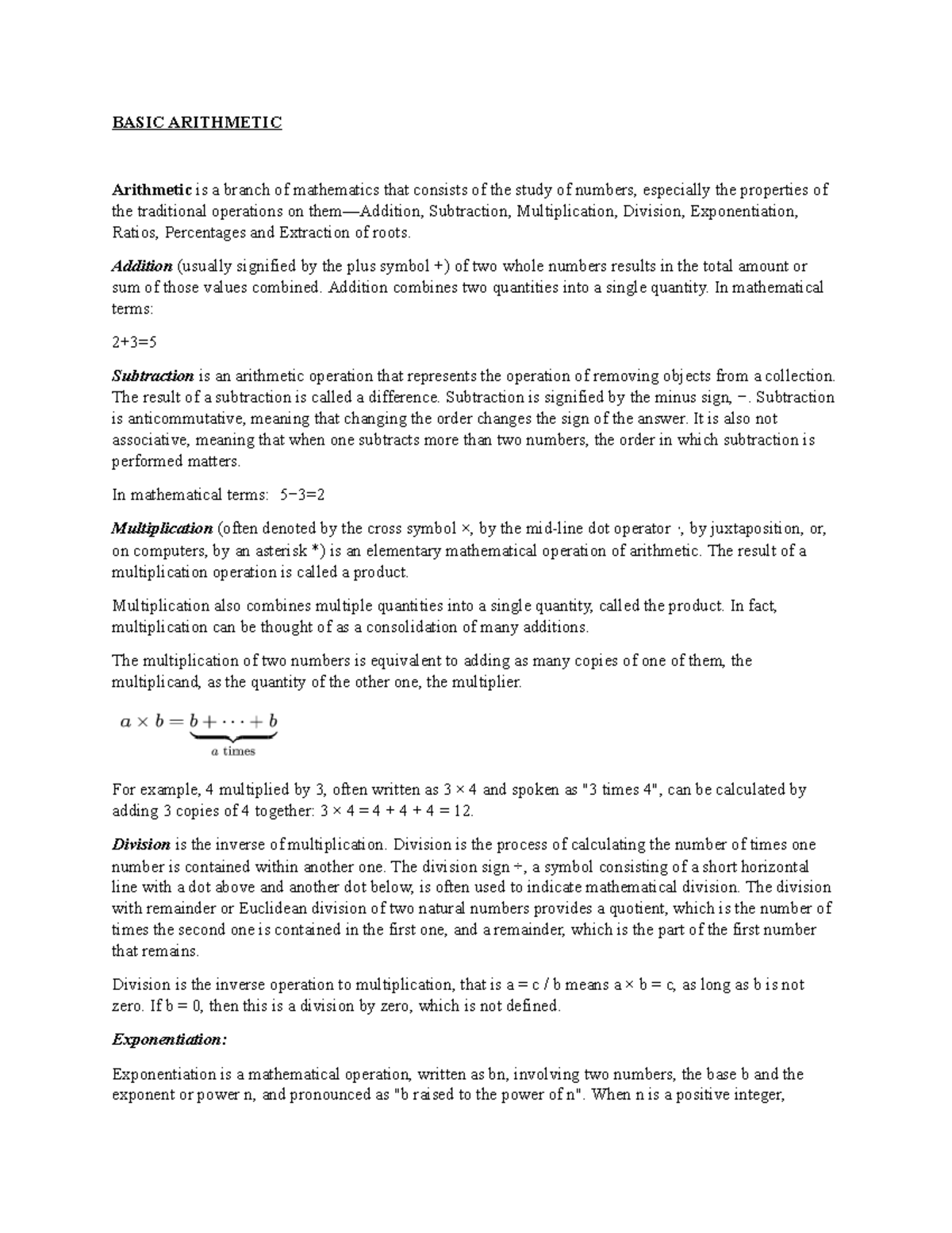 Baisc Arithmatic - Sample/practice exam, questions and answers - BASIC ...