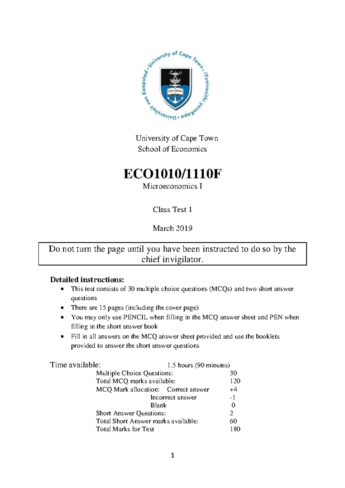 Eco1010f Test 1 2019 MCQs - University of Cape Town School of Economics ...