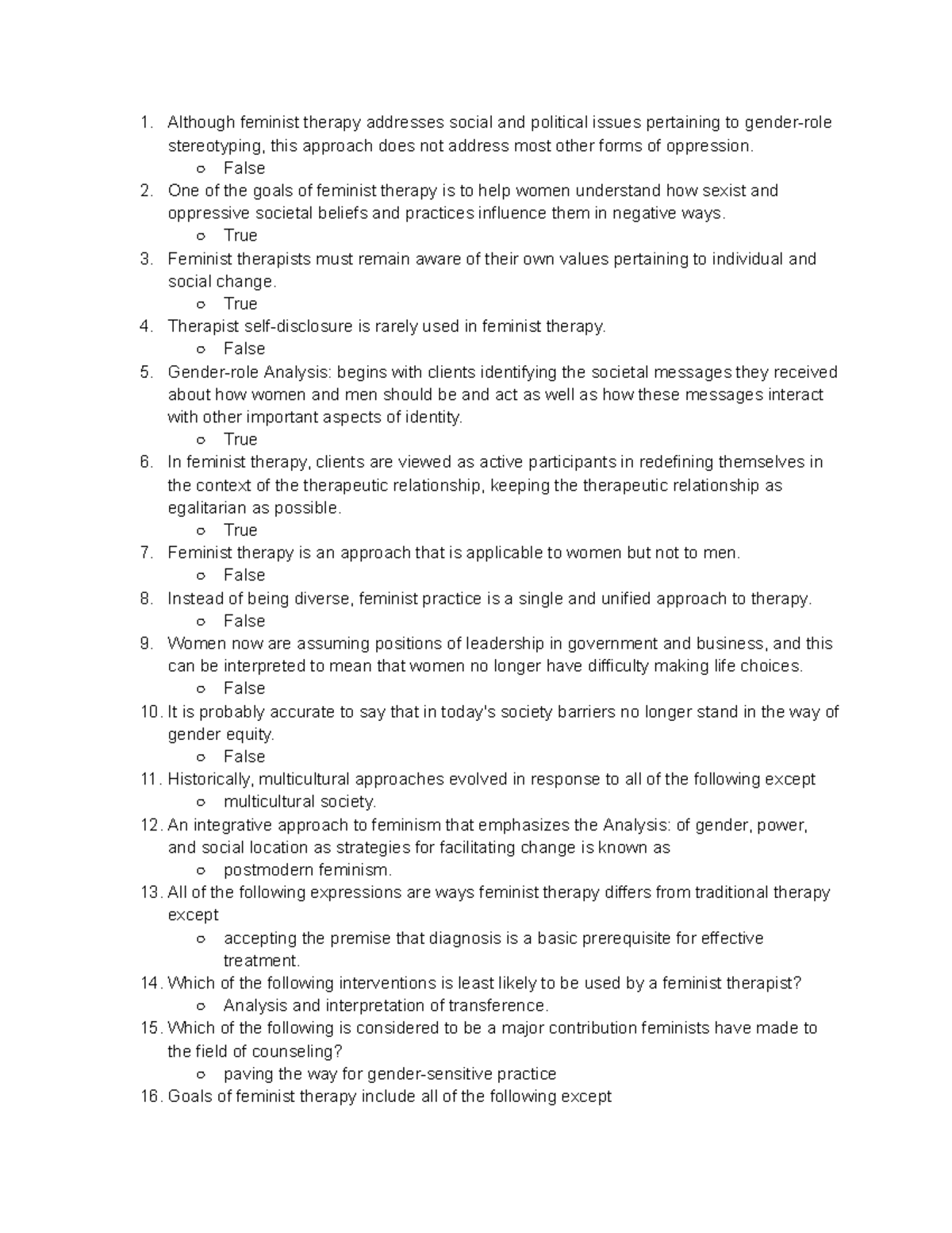 Chapter 12 Quiz Did I get it - Although feminist therapy addresses ...