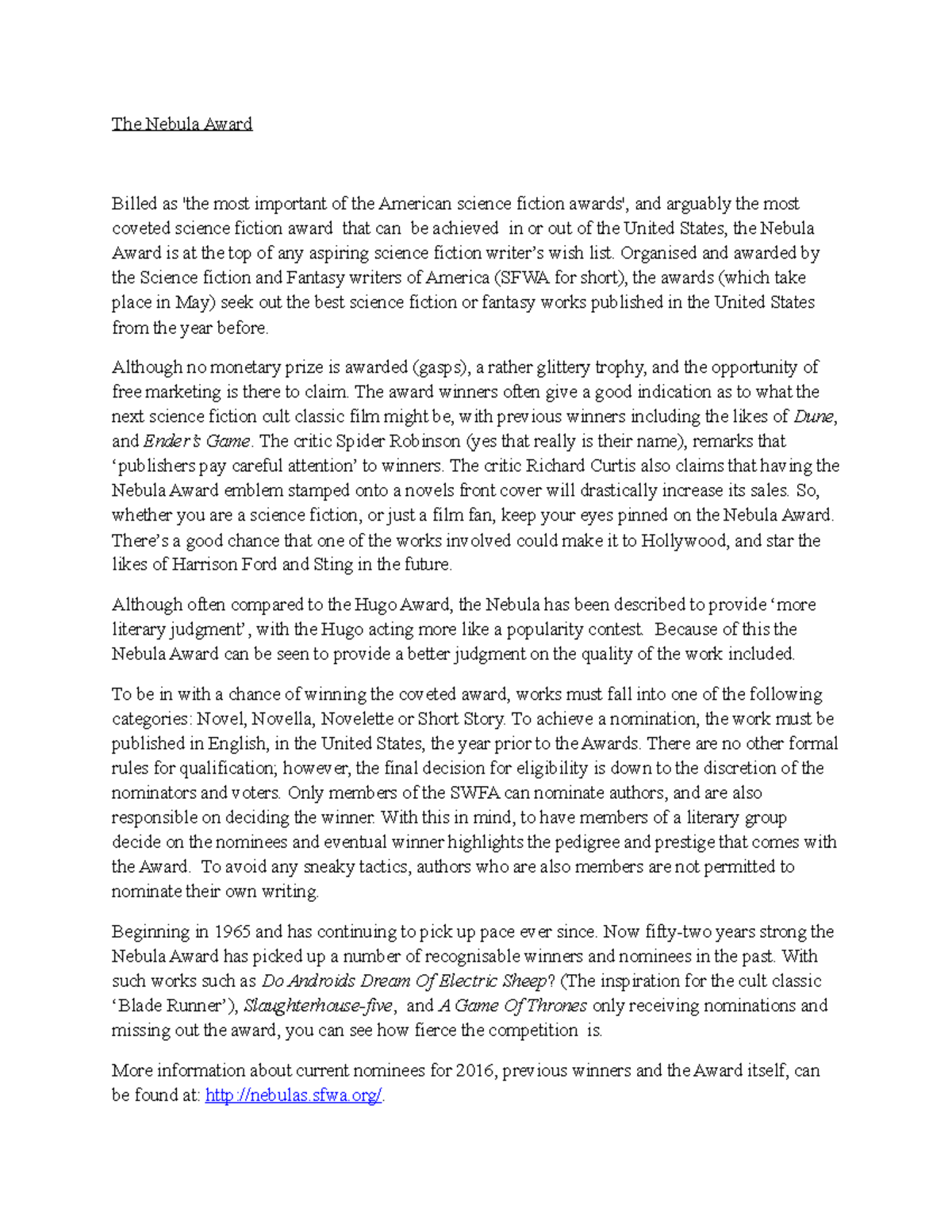 The Nebula Award - The Nebula Award Billed as 'the most important of ...