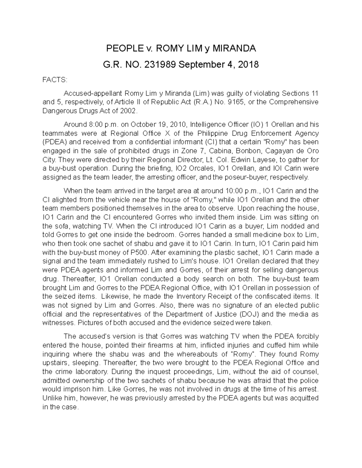 398704836 Pp v Romy Lim docx - PEOPLE v. ROMY LIM y MIRANDA G. NO. 231989 September 4, 2018 ...