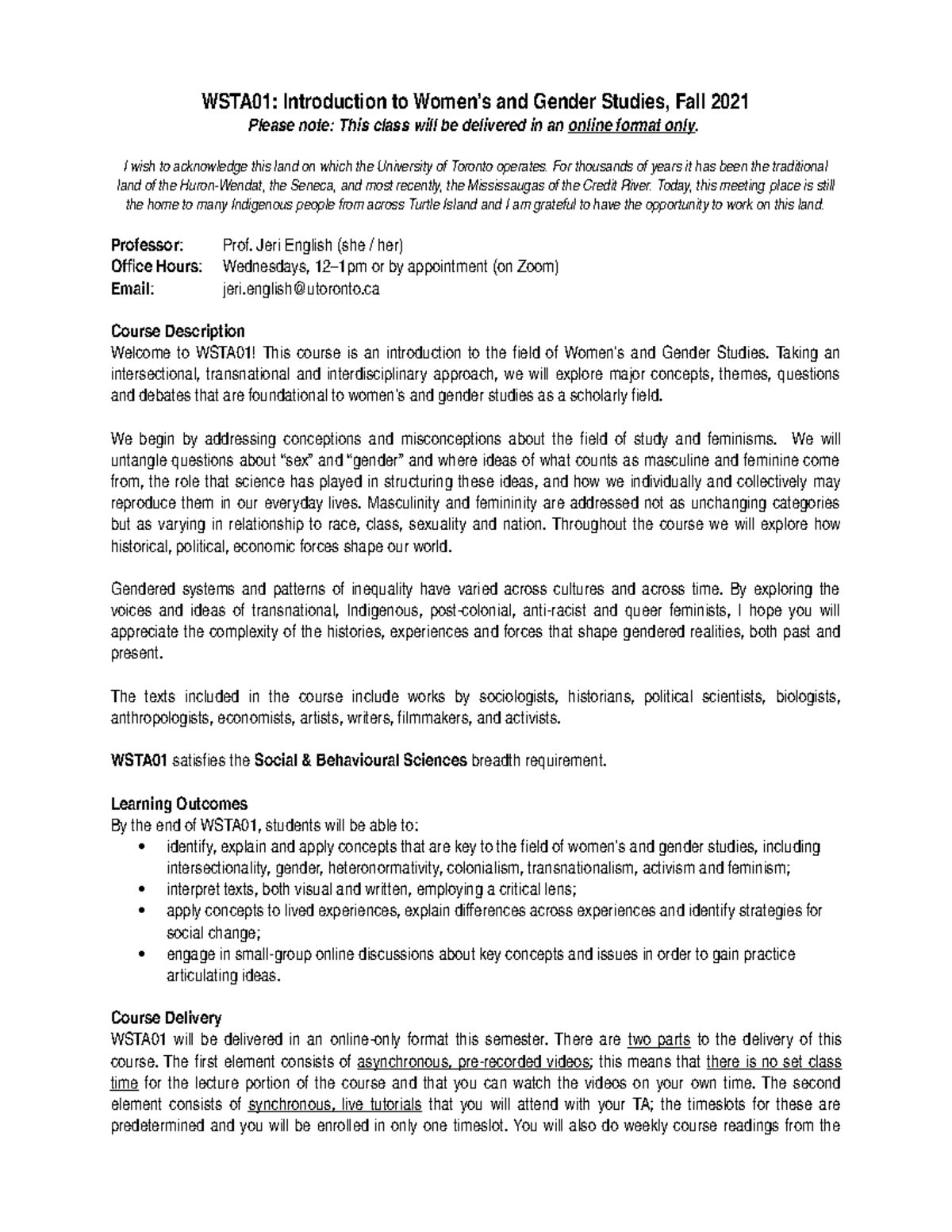 WSTA01 Syllabus Fall2021- 100 hy - WSTA01: Introduction to Women’s and ...