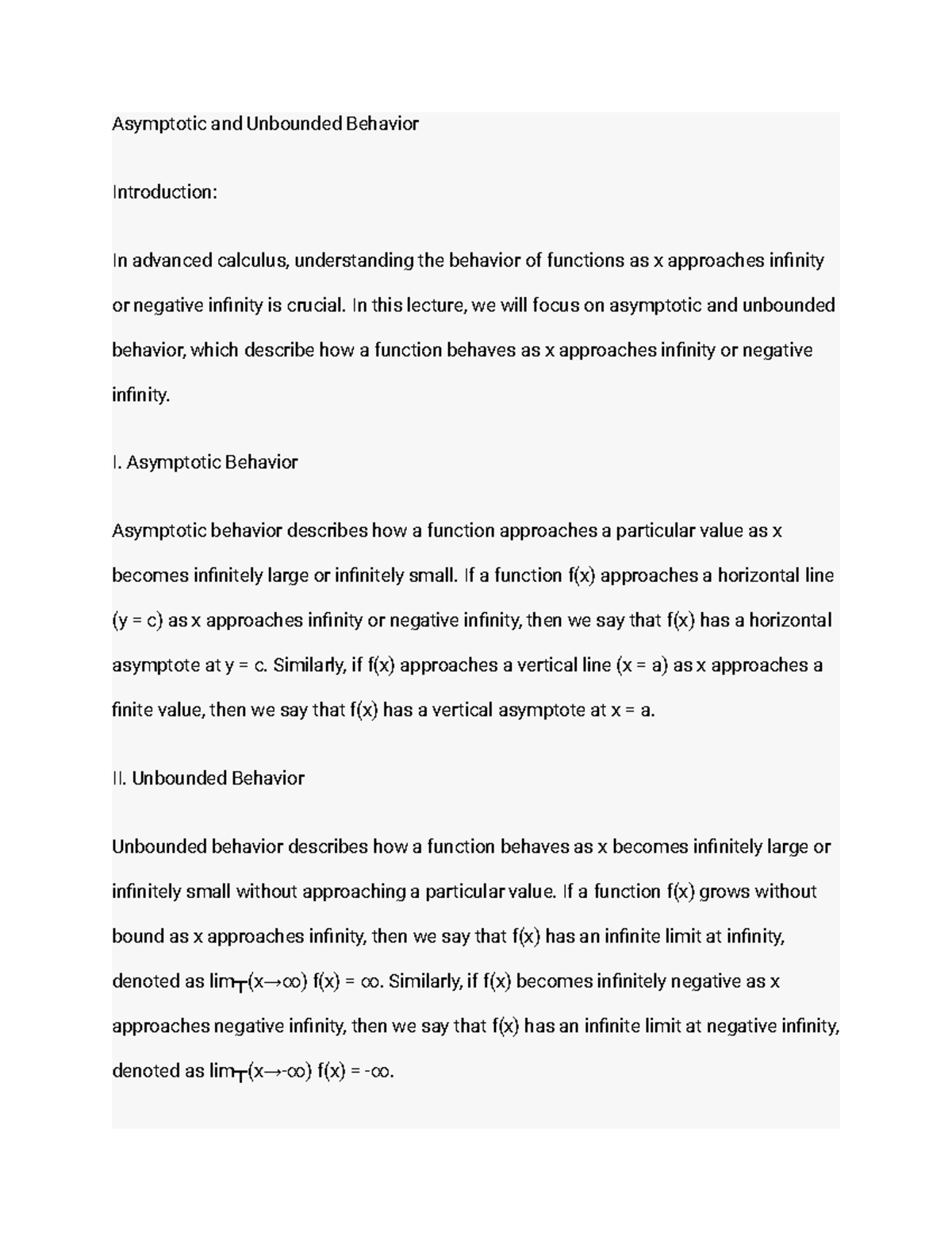 Asymptotic and Unbounded Behavior - Asymptotic and Unbounded Behavior Introduction: In advanced ...