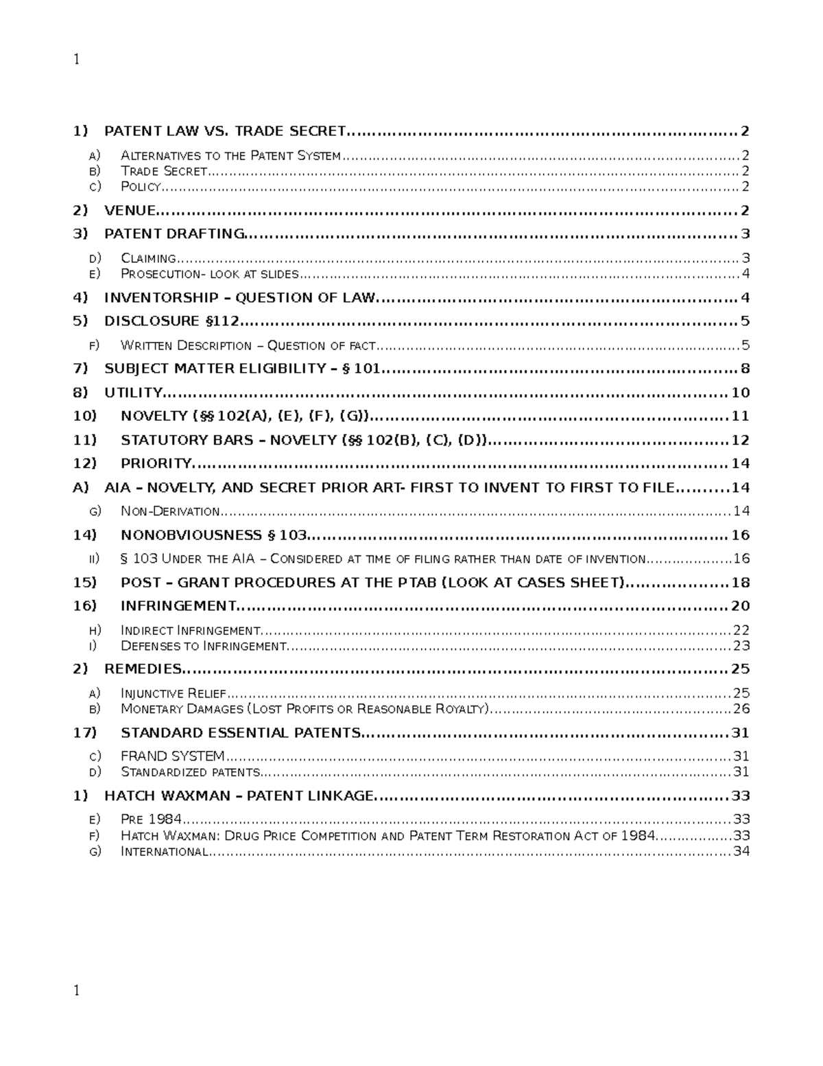 Patent Final Outline - Lecture notes All - PATENT LAW VS. TRADE - Studocu