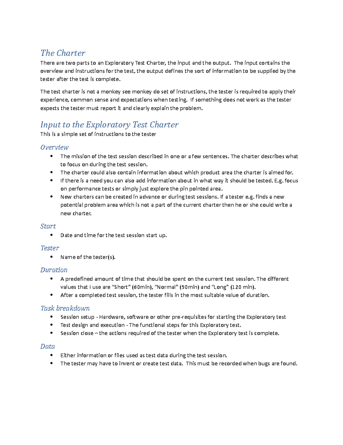 Exploratory Test Charter Instructions - The Charter There are two parts ...