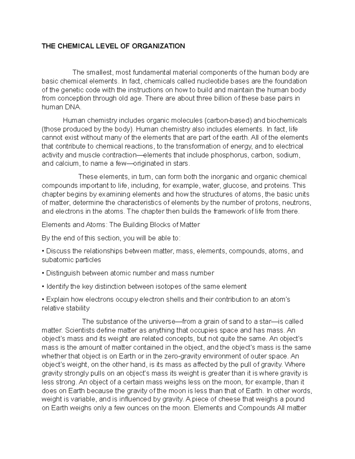 THE Chemical Level OF Organization - THE CHEMICAL LEVEL OF ORGANIZATION ...