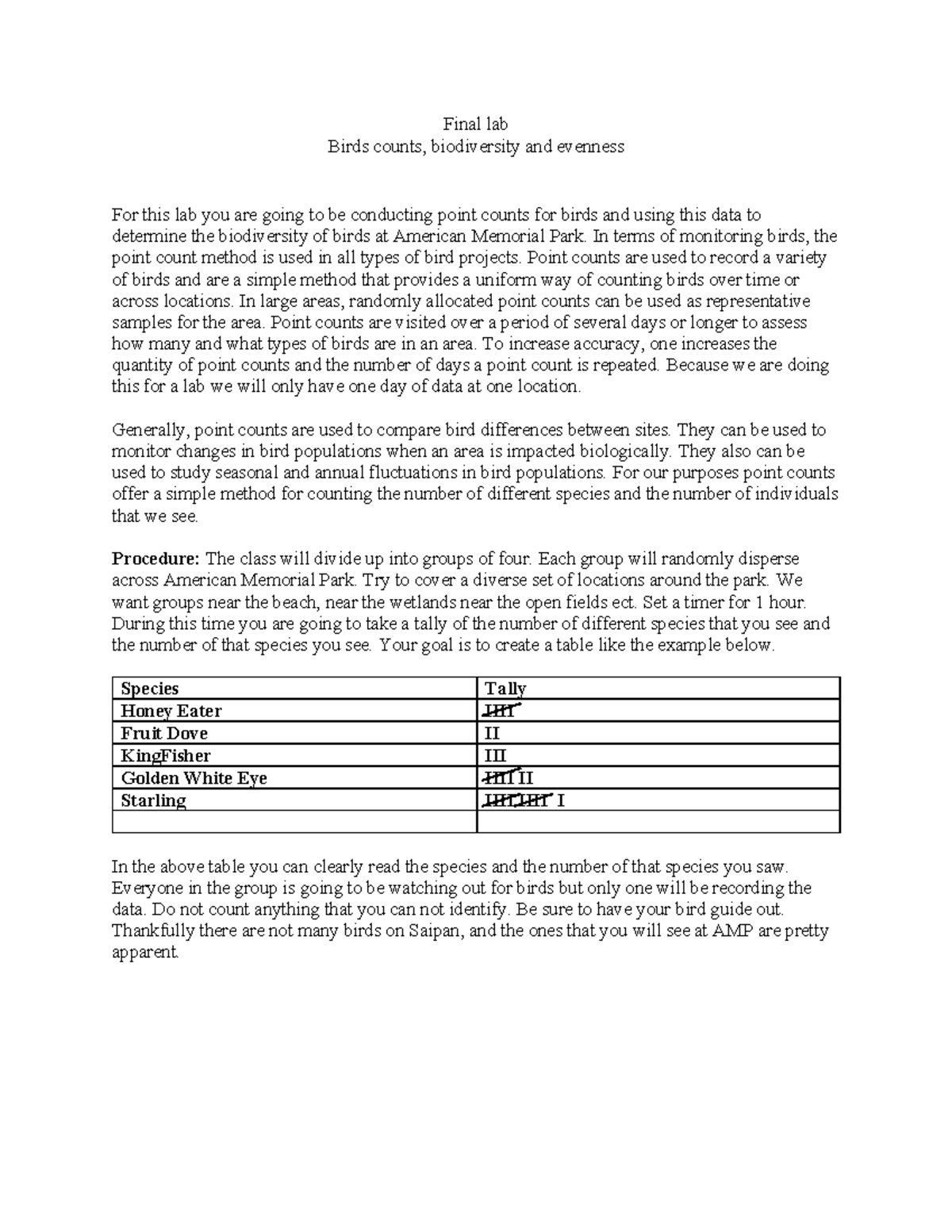 Final lab bio 101 - Last Lab report - Final lab Birds counts ...