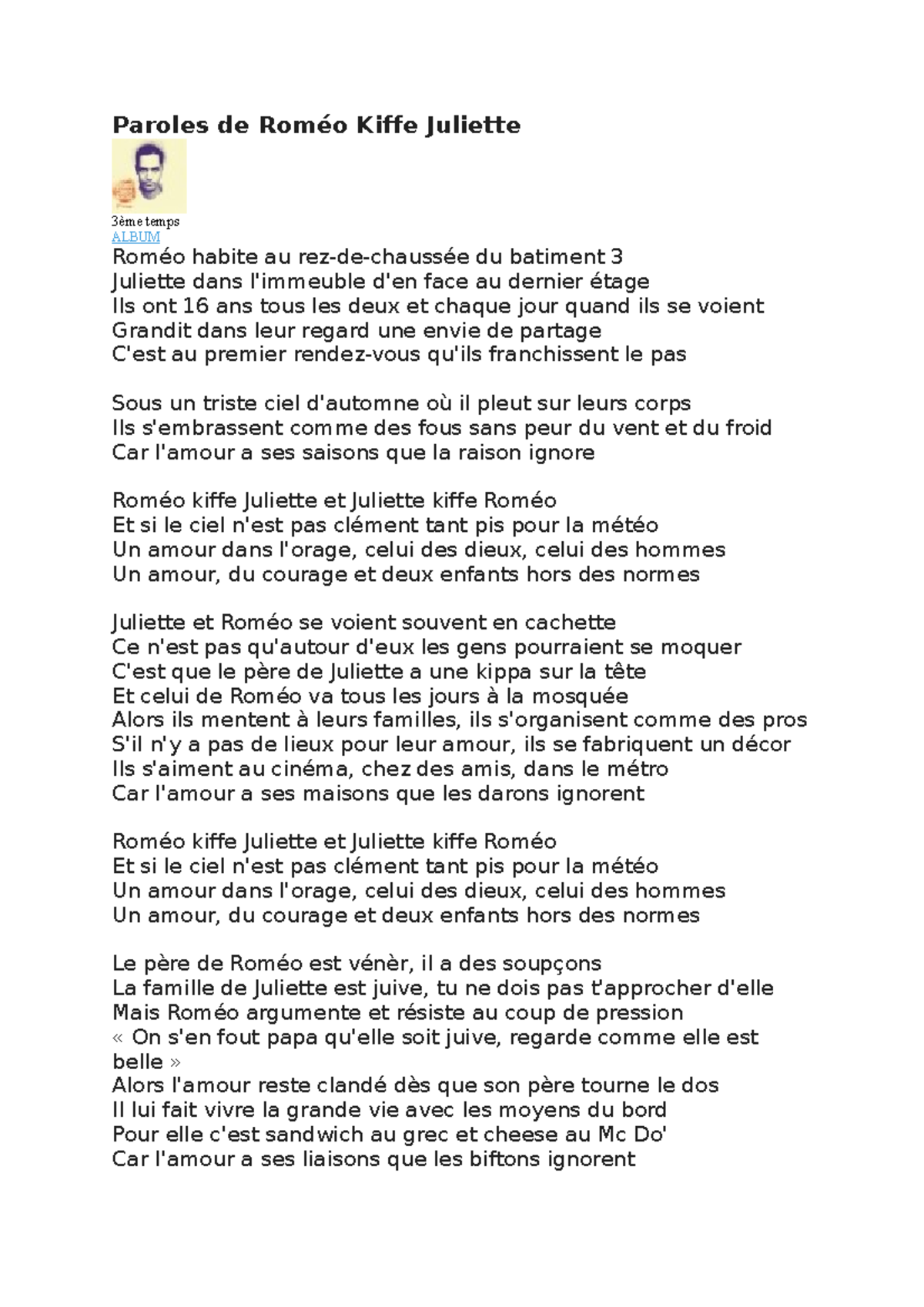 Paroles de Roméo Kiffe Juliette - Paroles de Roméo Kiffe Juliette 3ème ...